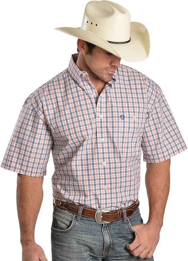 Wrangler Men's George Strait Collection Short Sleeve Shirt, Coral/Blue ...