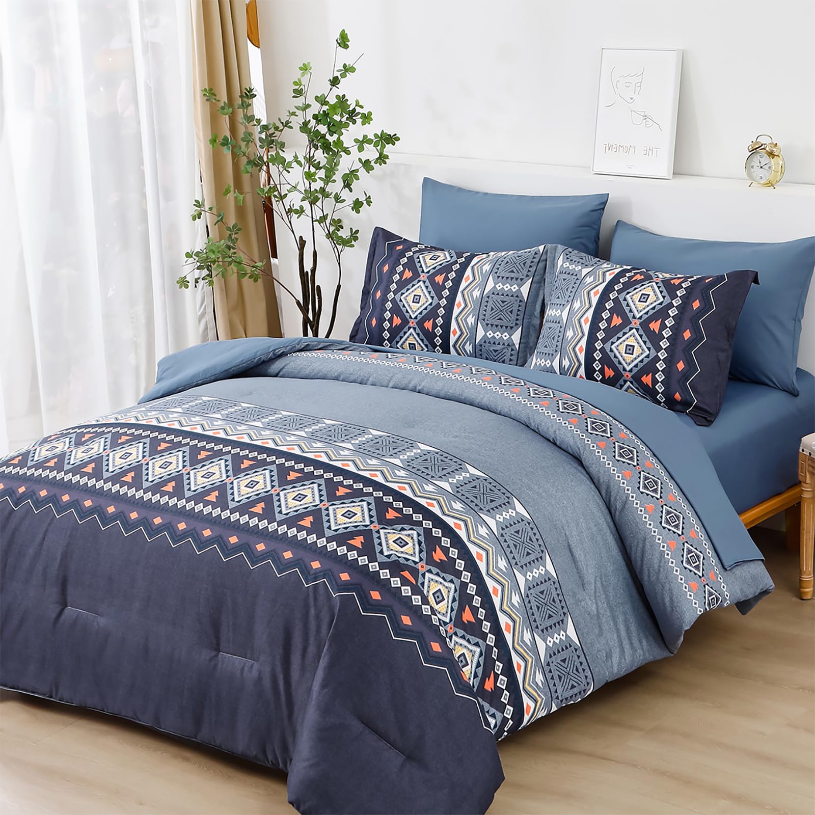 Dobuyly Boho Comforter Set Queen Size, 7 Pieces Bed in a Bag Navy Blue ...