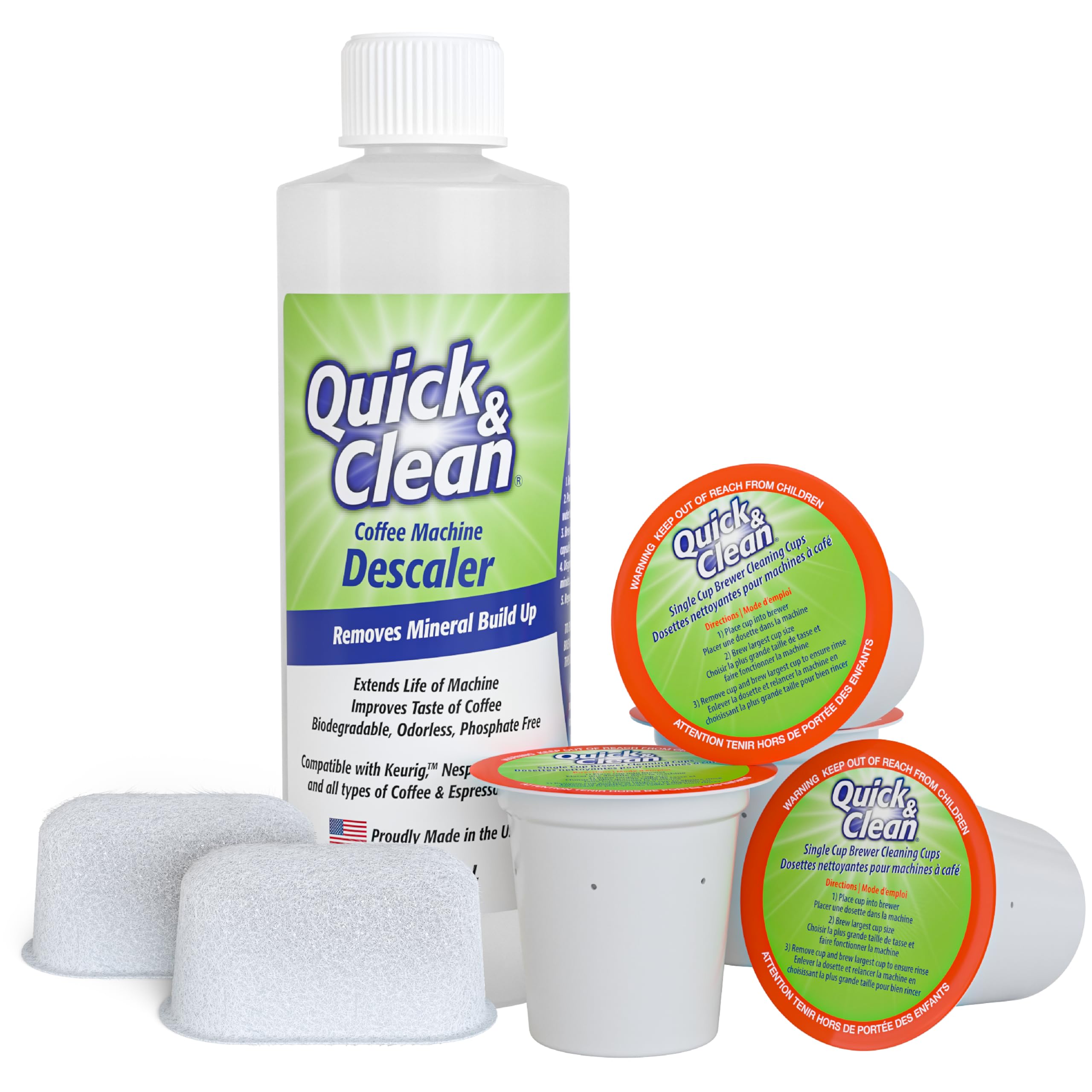 Quick & Clean 4-Pack of Cleaning Cups + 2 Filters with Descaler Bundle ...