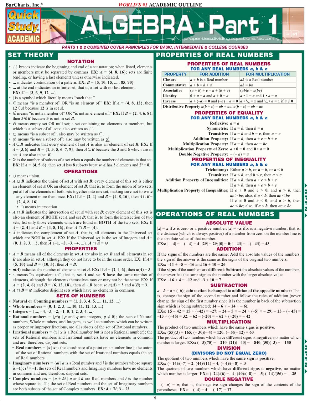 Mua Algebra Part 1 QuickStudy Laminated Reference Guide (QuickStudy Academic) Algebra Part 1 ...