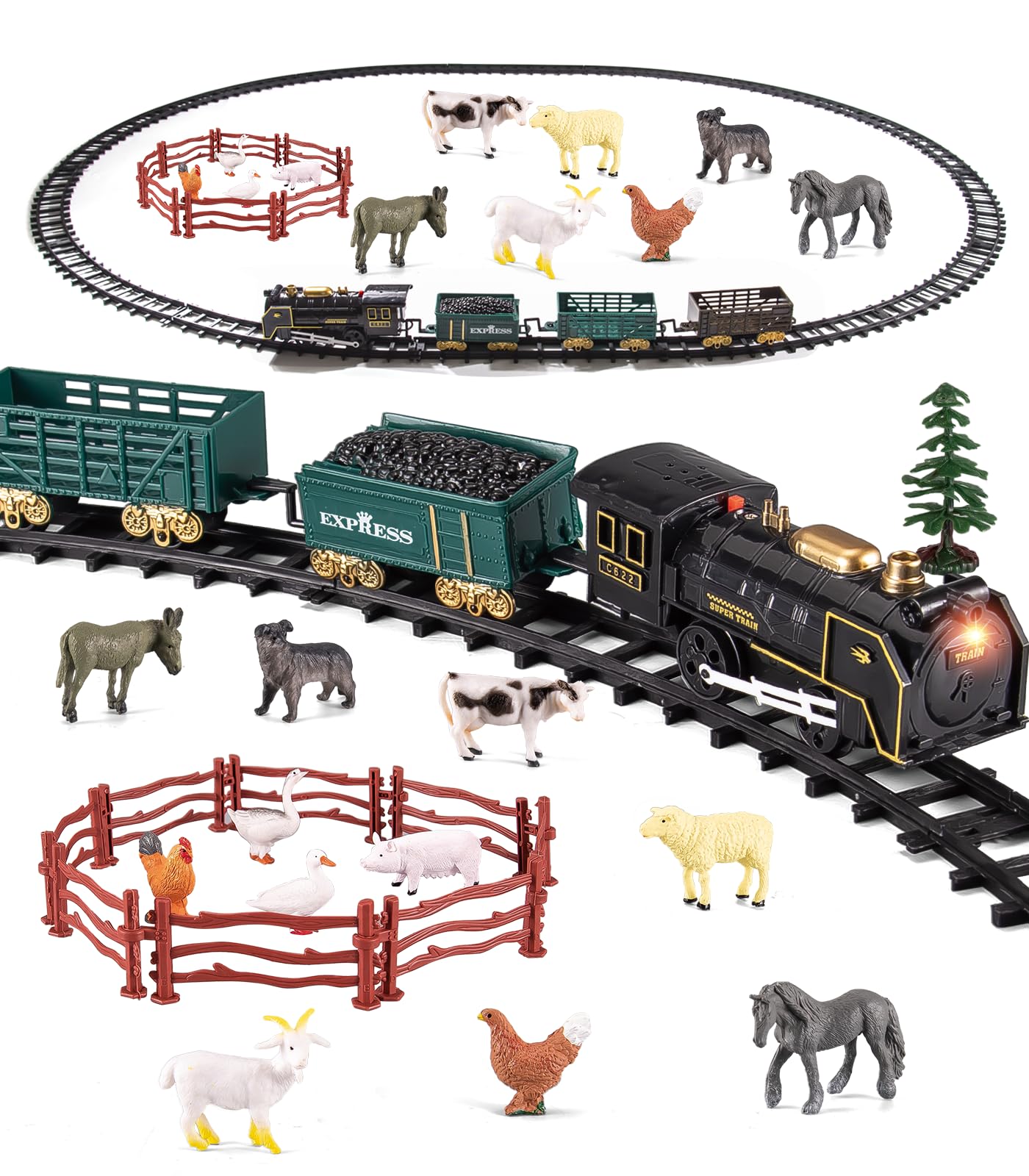 Farm Toy Train Set, Electric Steam Train Engine with Light & Sound ...