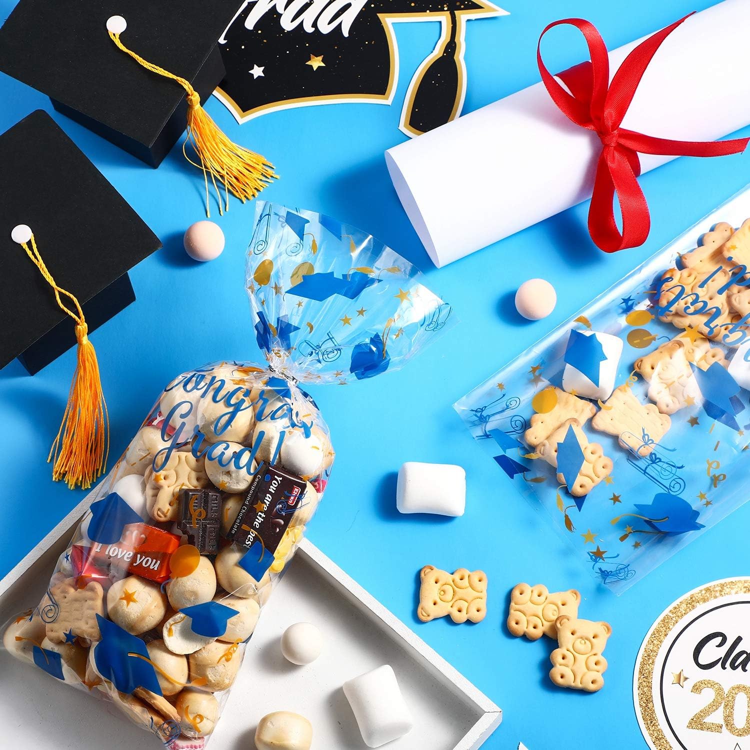 100 Pieces Graduation Cellophane Treat Bags, Blue Gold Congrats ...