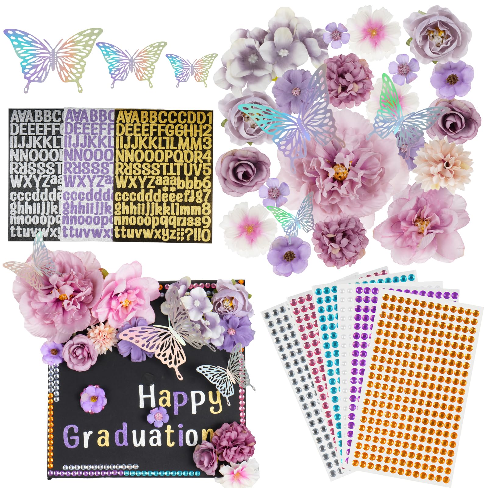 45 Pcs Graduation Hat Decorations Kit DIY Grad Cap Topper Crafts Purple ...