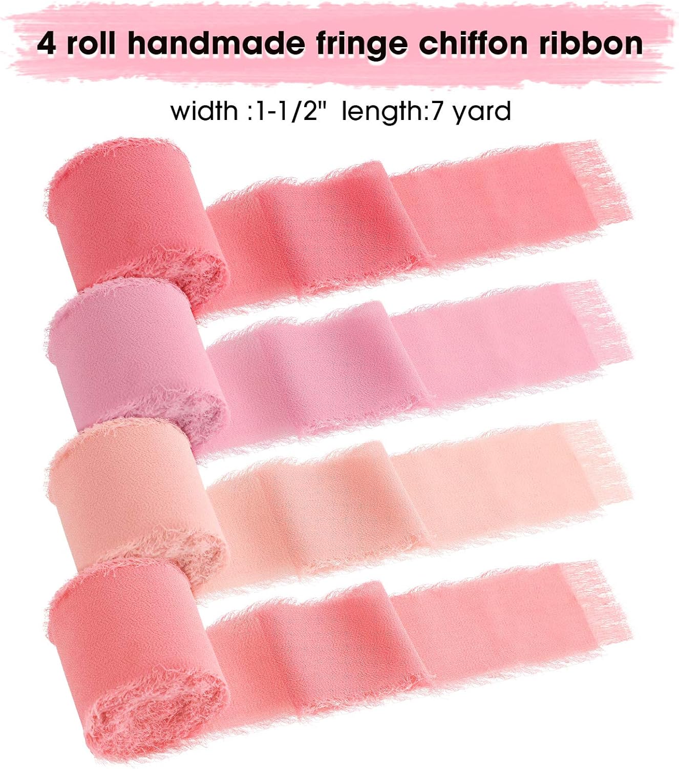 4 Rolls Chiffon Ribbon Pink Silk Frayed Edges Ribbon 1.5 Inch 7 Yards ...