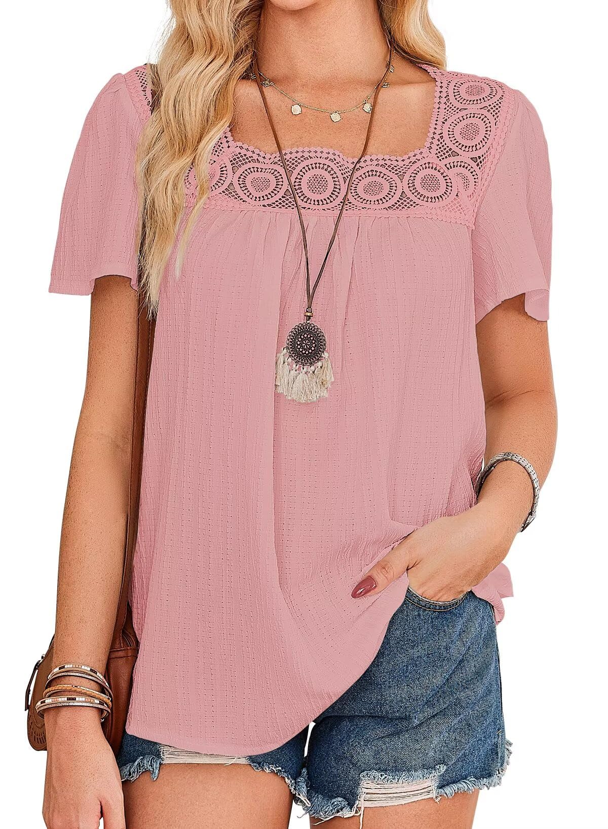 Falechay Tops for Women Trendy Casual Summer Square Neck Pom Pom Short ...