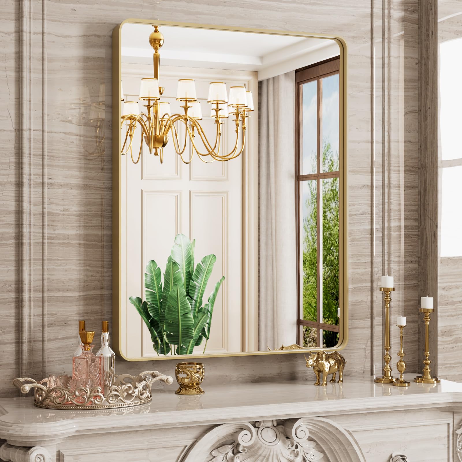 JISOSO Gold Bathroom Mirror, 24x32 Inch Brushed Gold Metal Frame Mirror ...