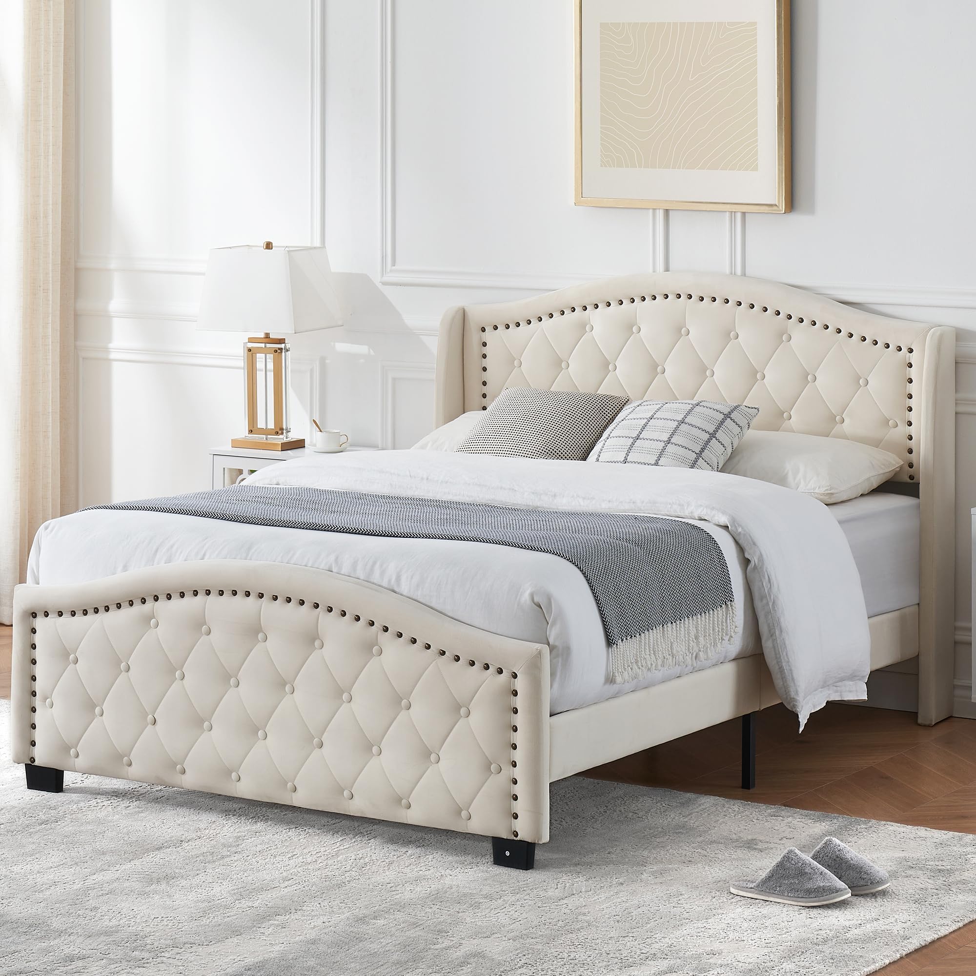 GAOMON Queen Size Upholstered Platform Bed Frame with Tall Headboard ...