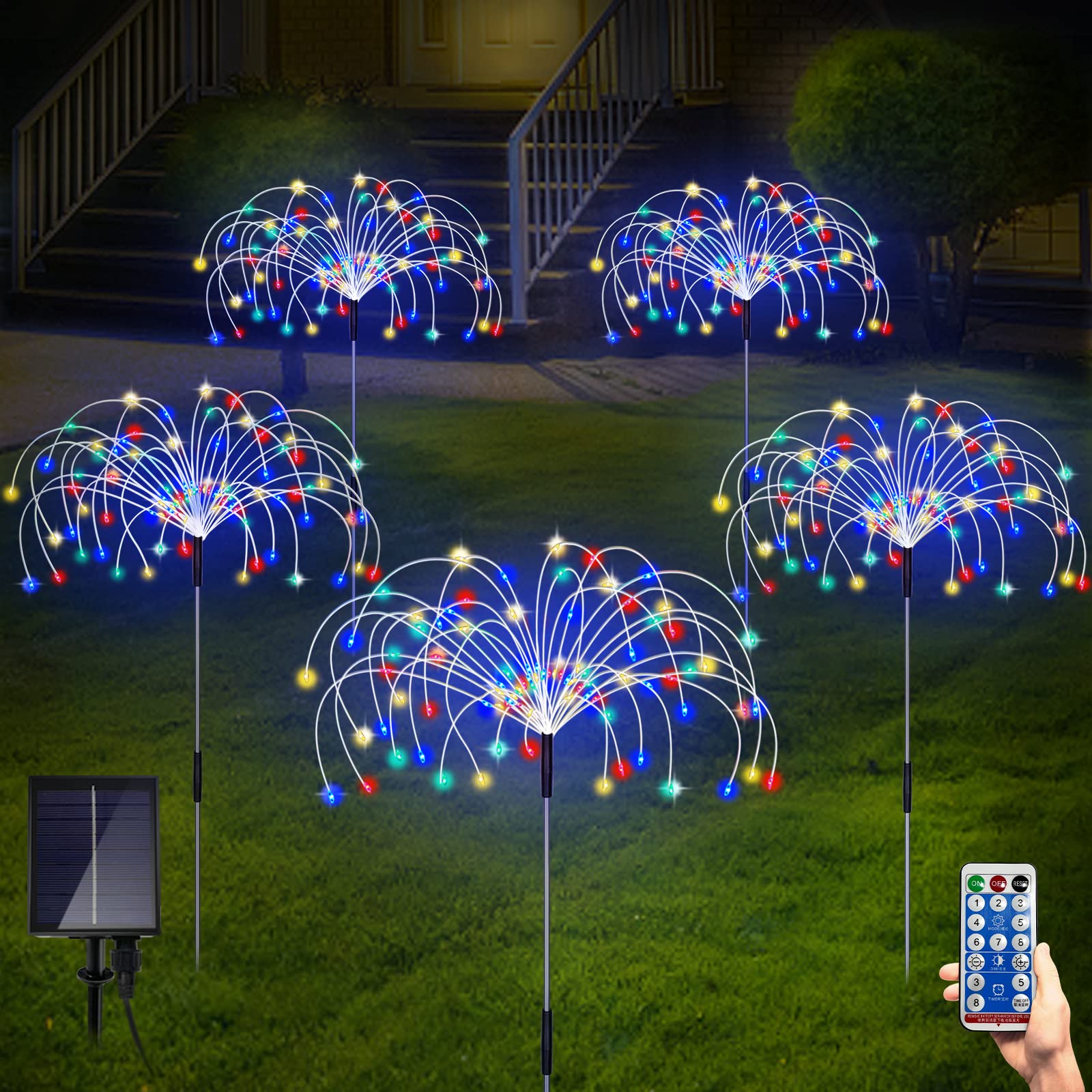 Solar Garden Lights, Outdoor Firework Lights, 5 Pack 120 LED Decorative Stake with Remote, 8 ...