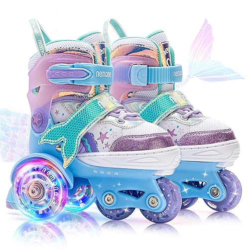 NEMONE Mermaid 4 Size Adjustable Light up Roller Skates for Girls, Blue ...