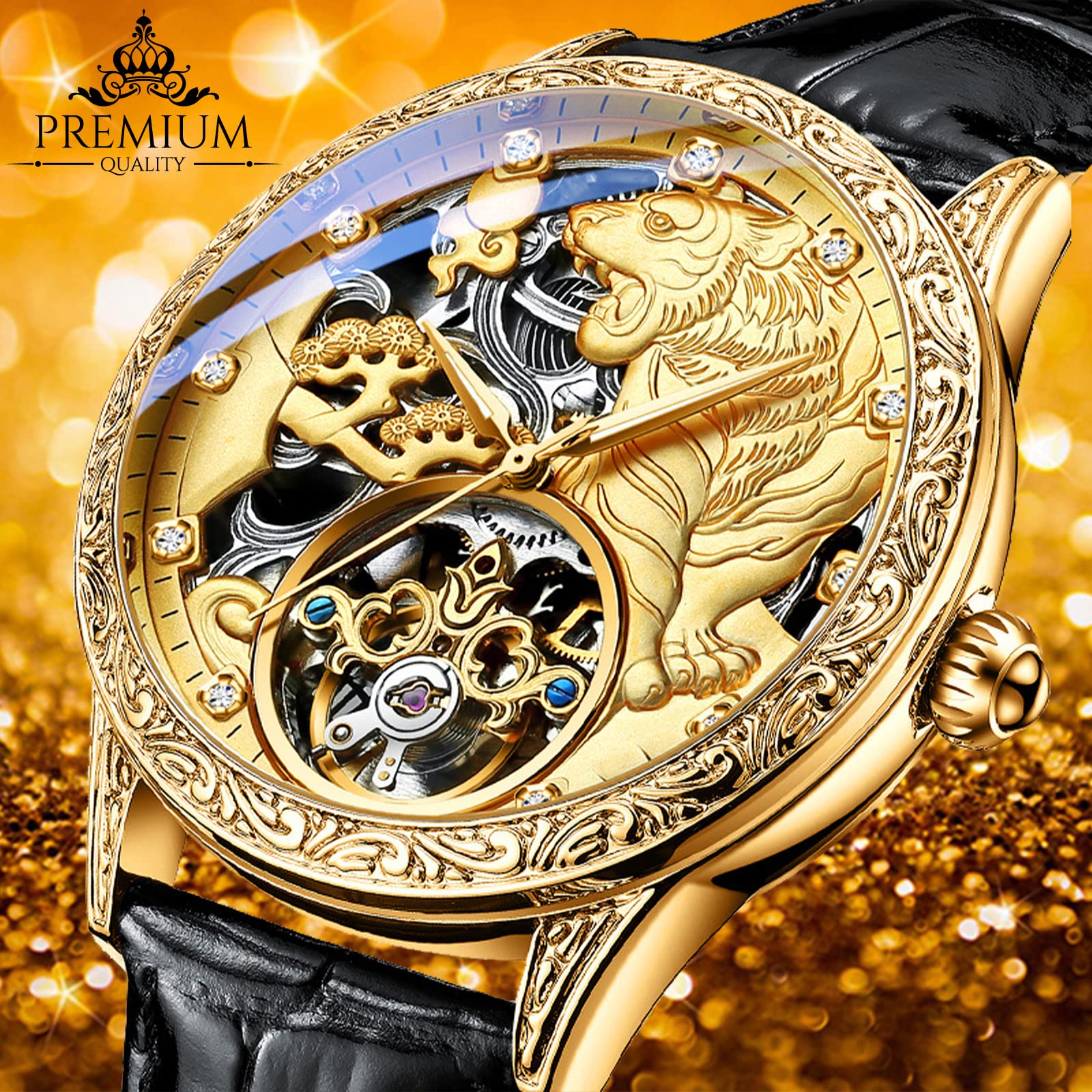 Mua Men's Gold Luxury Tourbillon Watch Tiger Carved Moon Phase Self ...