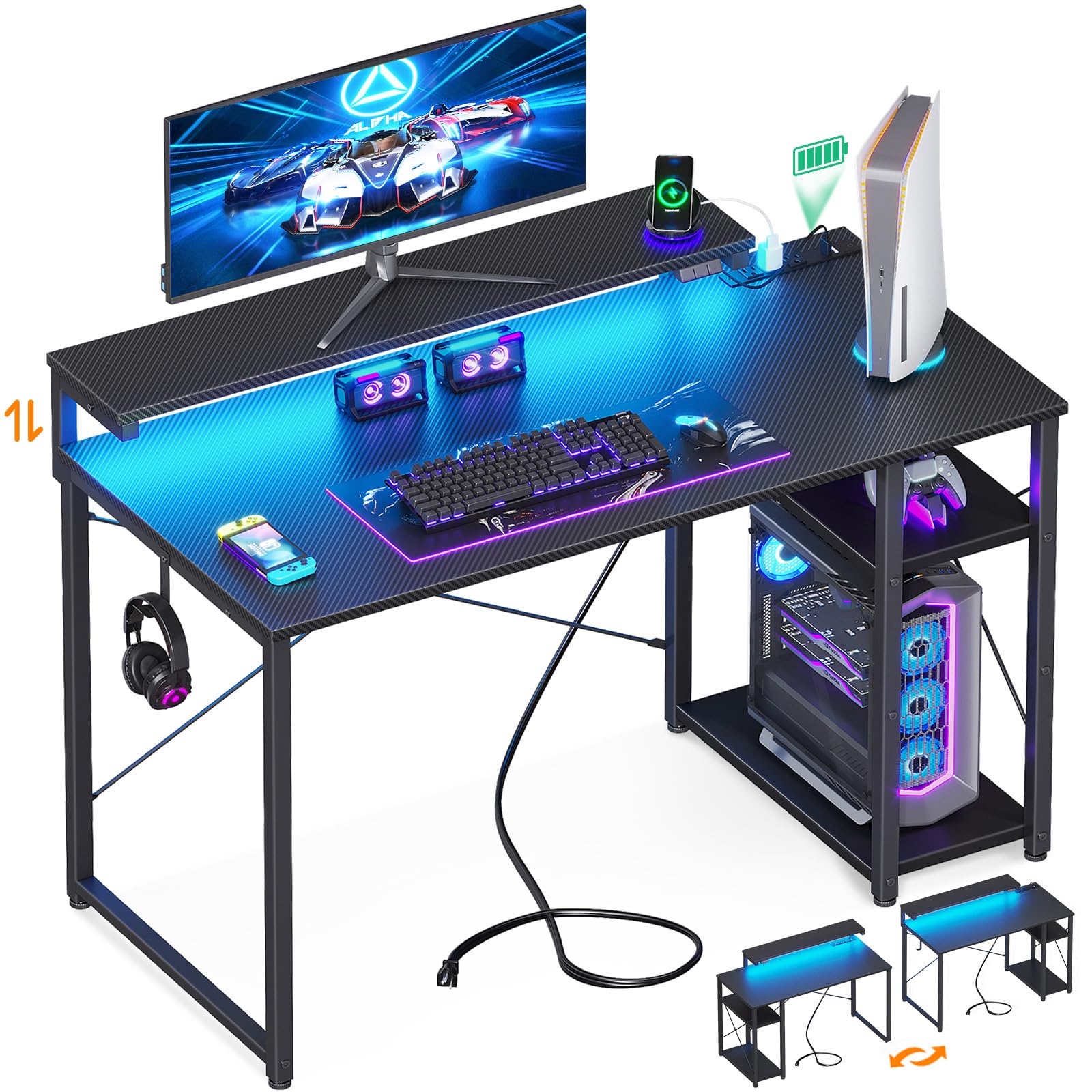 Mua MOTPK Gaming Desk with Led Lights & Power Outlet, 40 Inch Small ...