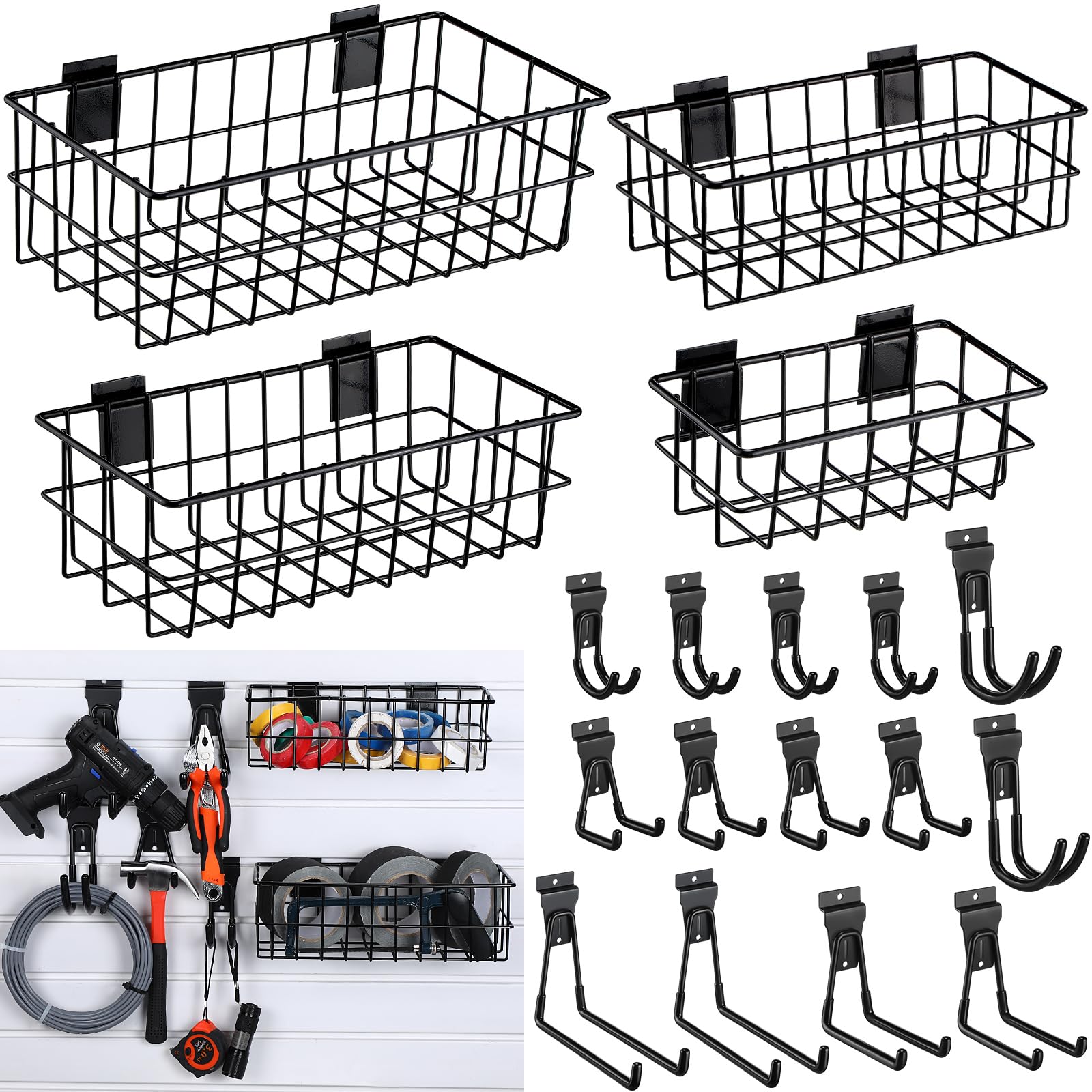 Landhoow 18 Pcs Slatwall Baskets with Slatwall Hooks Set, 4 Multi Size ...