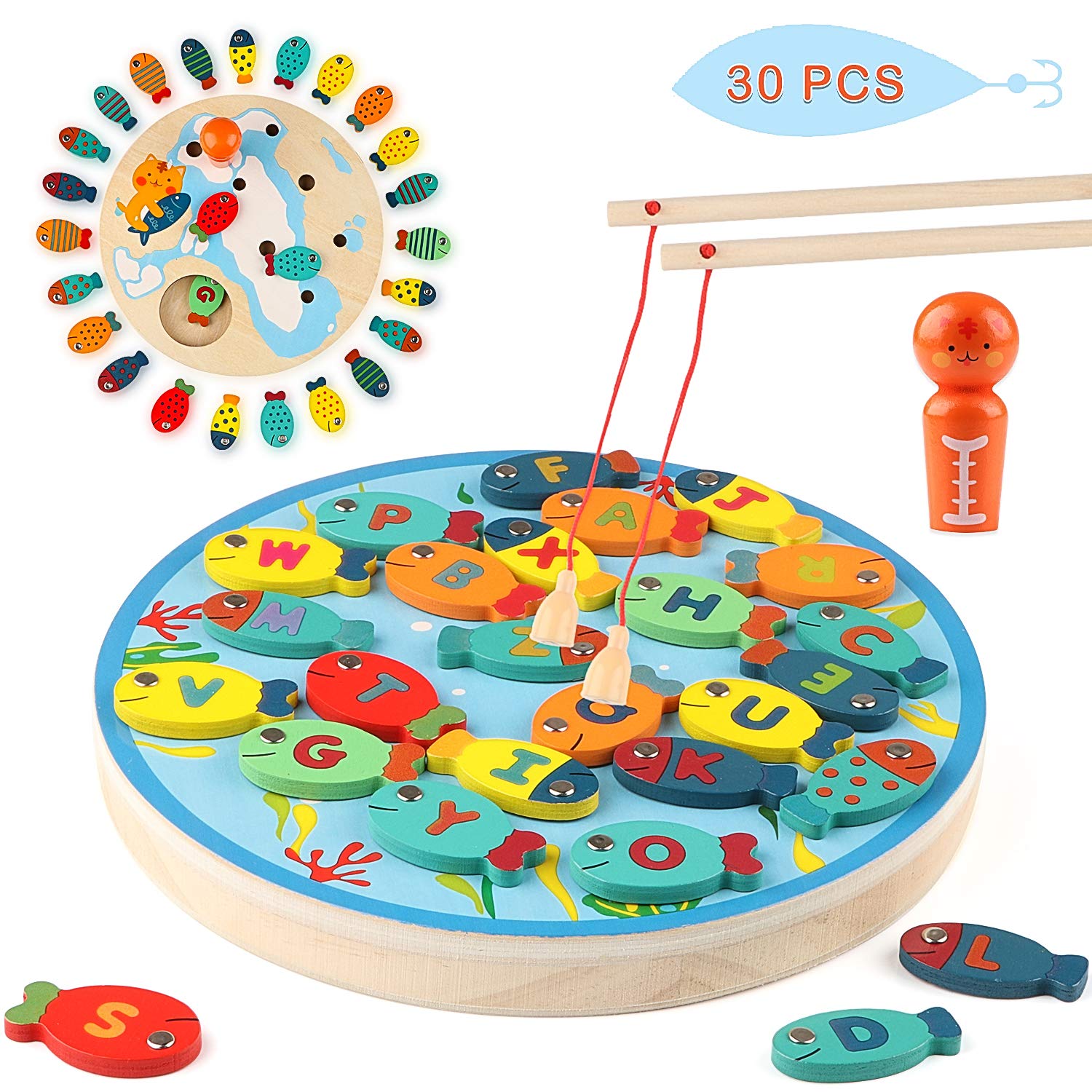 Jacootoys Fishing Game 30 PCS Wooden Magnetic Alphabet Letter Matching ...