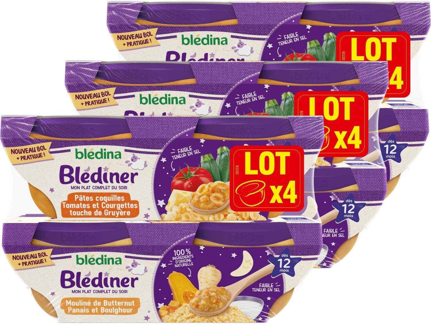 Blédina - Blediner - 12 Bols - 2 recettes - Pâtes Tomates Courgettes ...