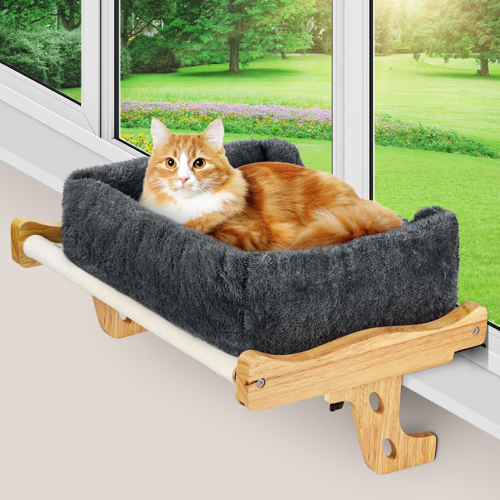 Heated Solid Wood Cat Window Perch, Removable Heating Pad for Cat ...