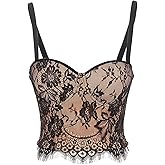 ELLACCI Women's Natural Reigning Lace Rhinestone Bustier Crop Top Sexy Mesh Corset Top Bra at ...