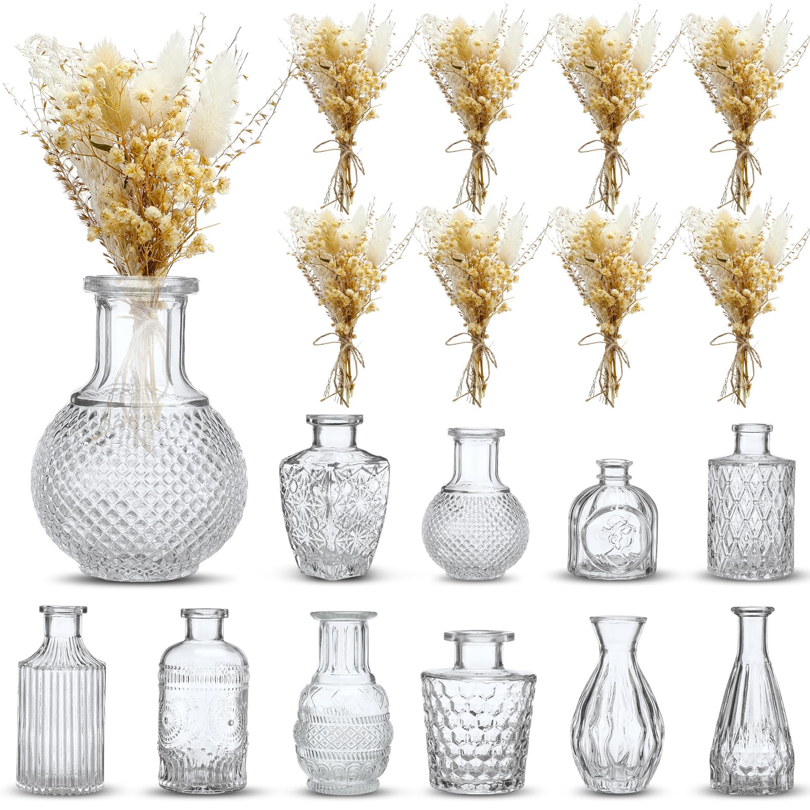 Ninehaoou 20 Pcs Glass Bud Vases with Mini Dried Flower Bouquet Real ...