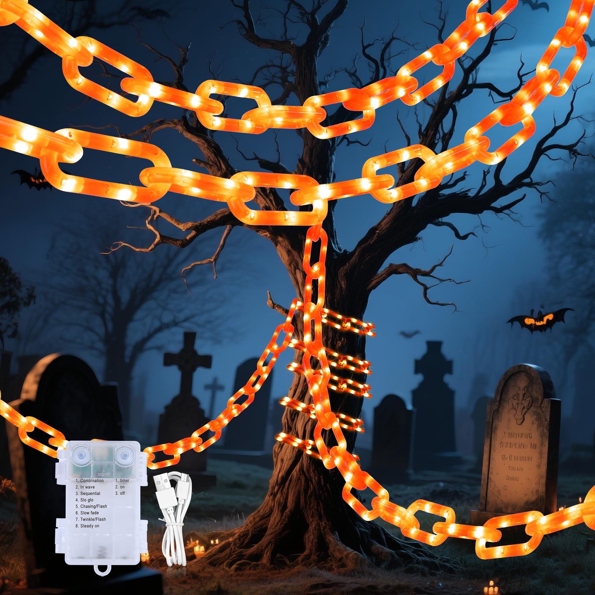 woohaha Halloween Decorations Plastic Chain Lights，10.5FT 175LED Orange ...
