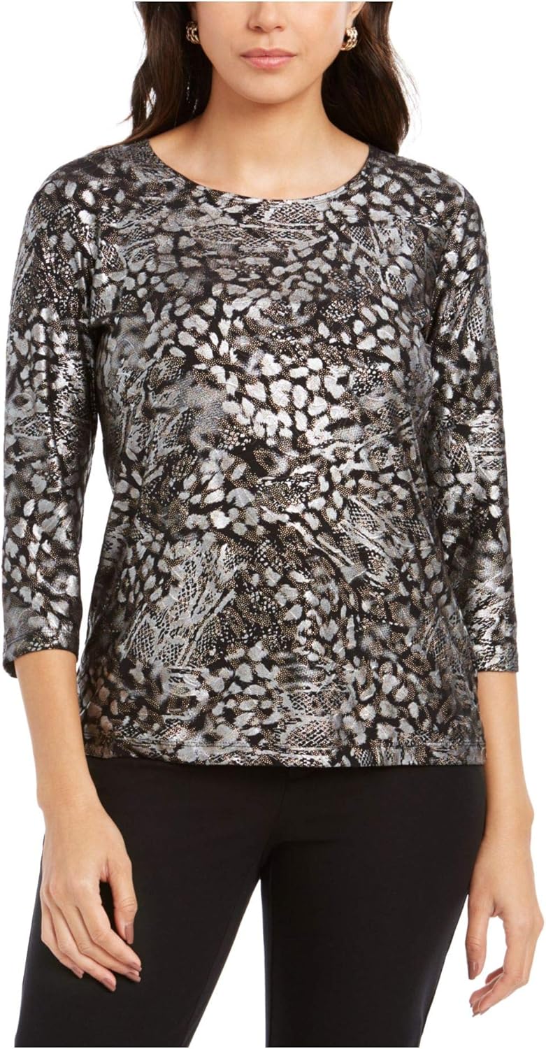 JM Collection Womens Black Printed 3/4 Sleeve Evening Top Size PS at ...