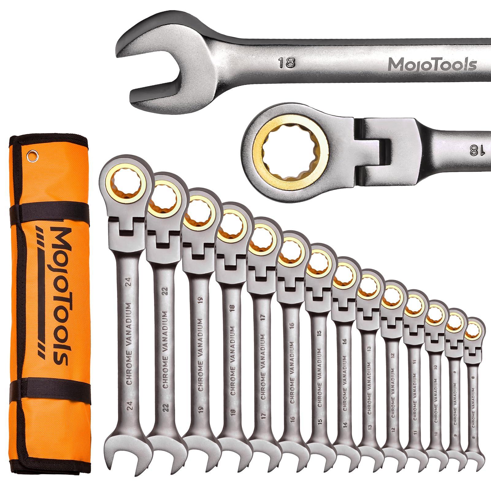 MoJoTools 23-Piece Flex-Head Ratcheting Combination Wrench Set-Includes 14PCS Metric 8-24mm ...