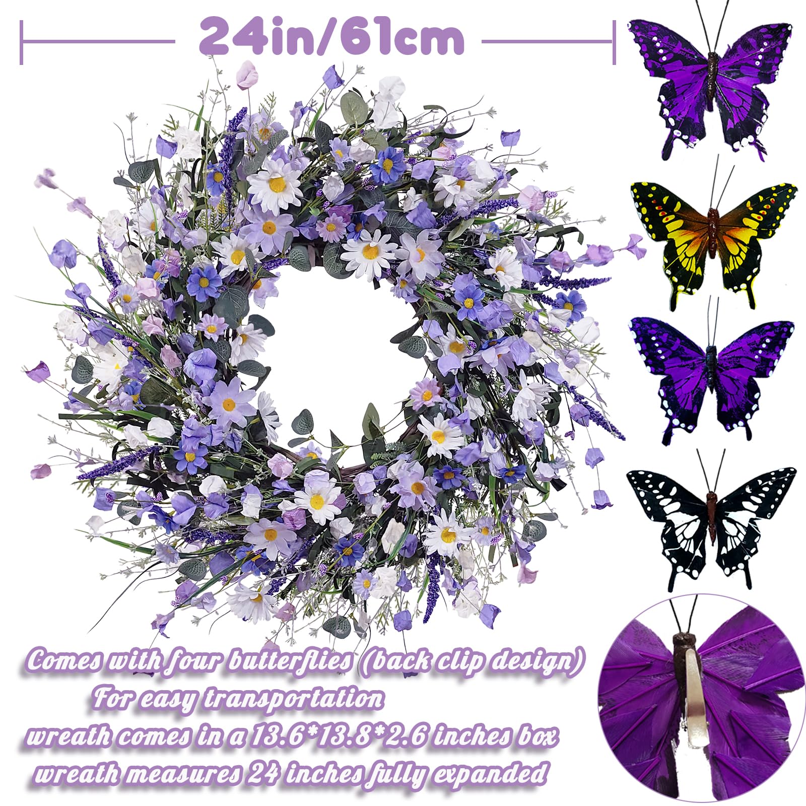 24 Inch Spring Wreath for Front Door, Artificial Summer Wreath with ...