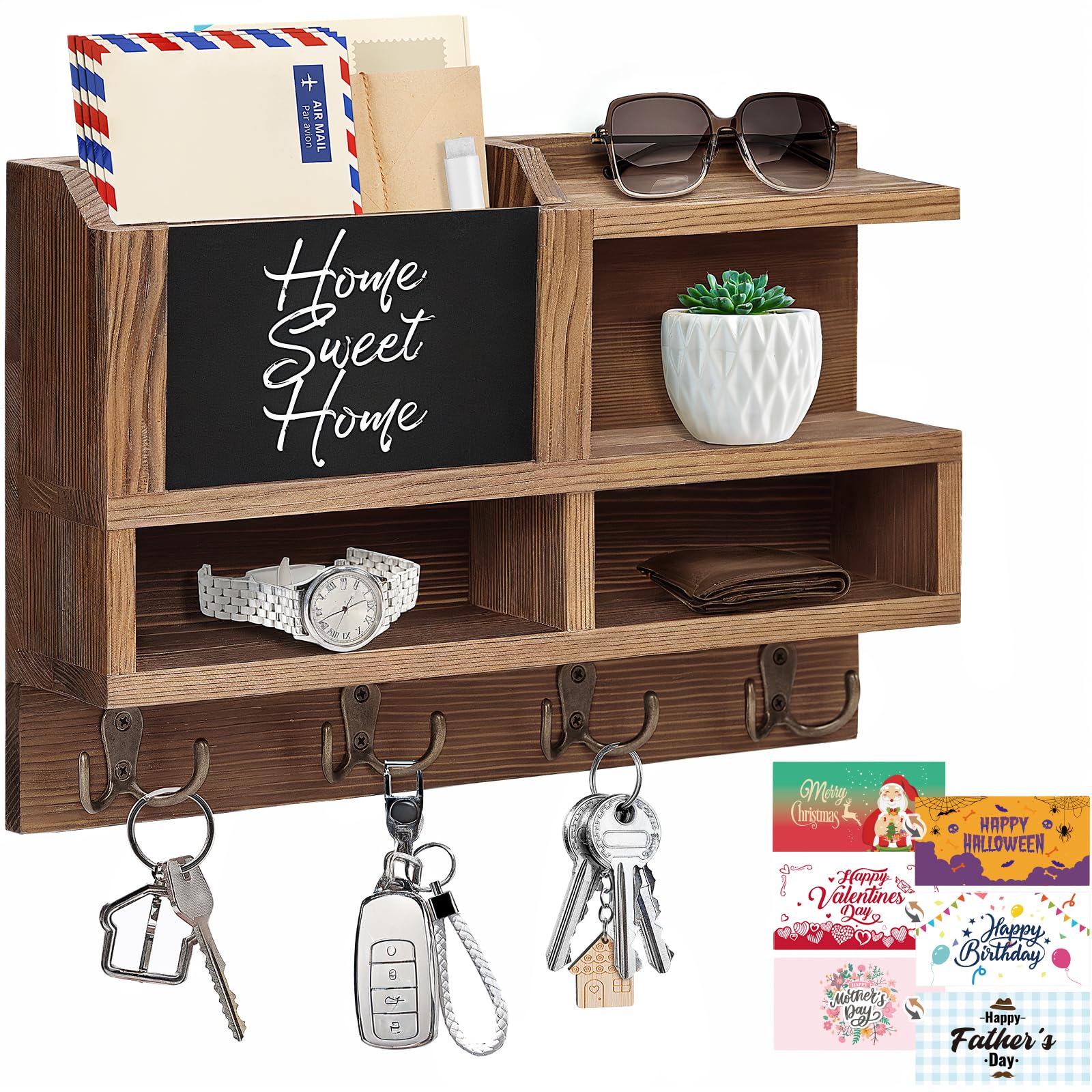 HOMEBROS Key Holder Wall Mount, Wooden Mail and Key Organizer with ...