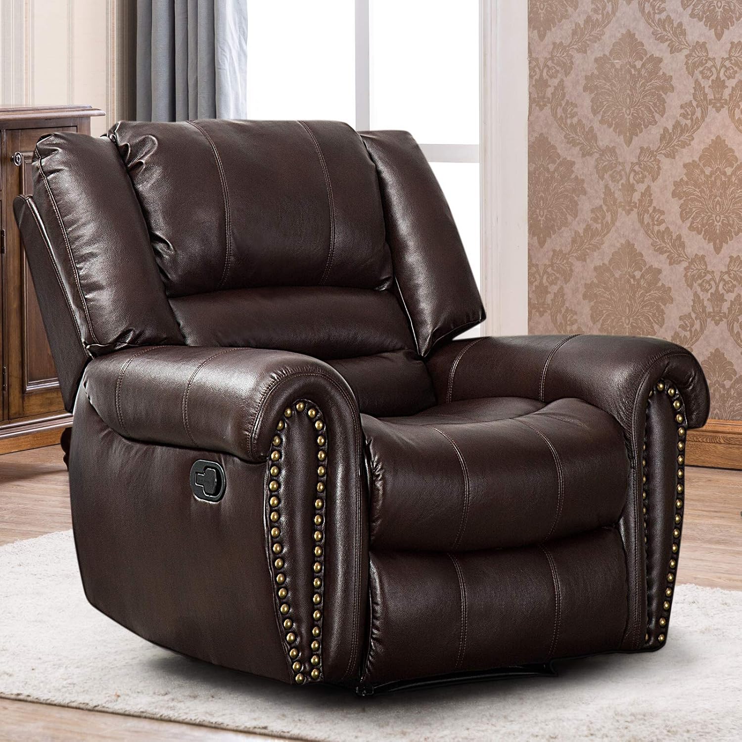 Brown CANMOV Leather Recliner Chair Classic And Traditional Manual