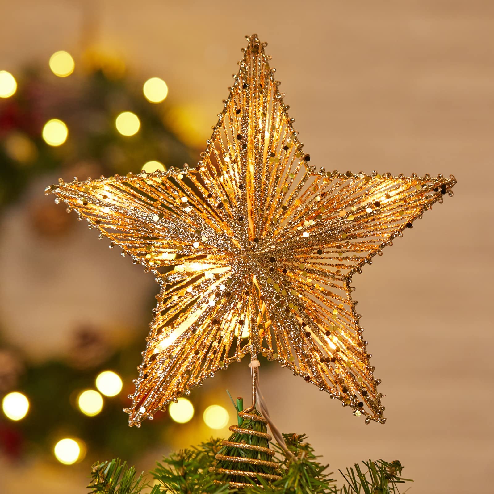 Christmas Star Tree Topper, Plug in 3D Star Tree Topper, 11”Golden ...