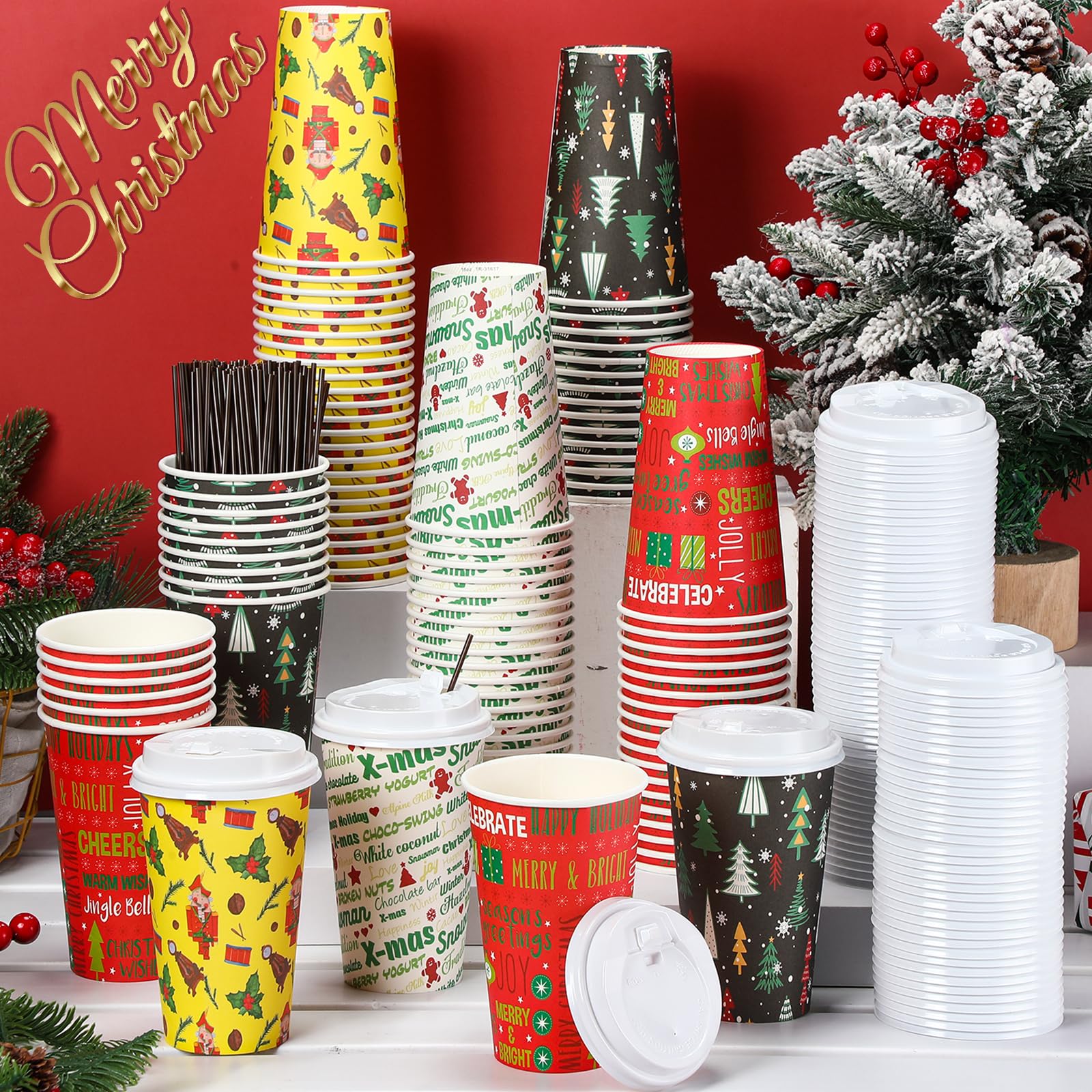 Nitial 100 Set Christmas Paper Cups 16 oz Disposable Coffee Cups with ...