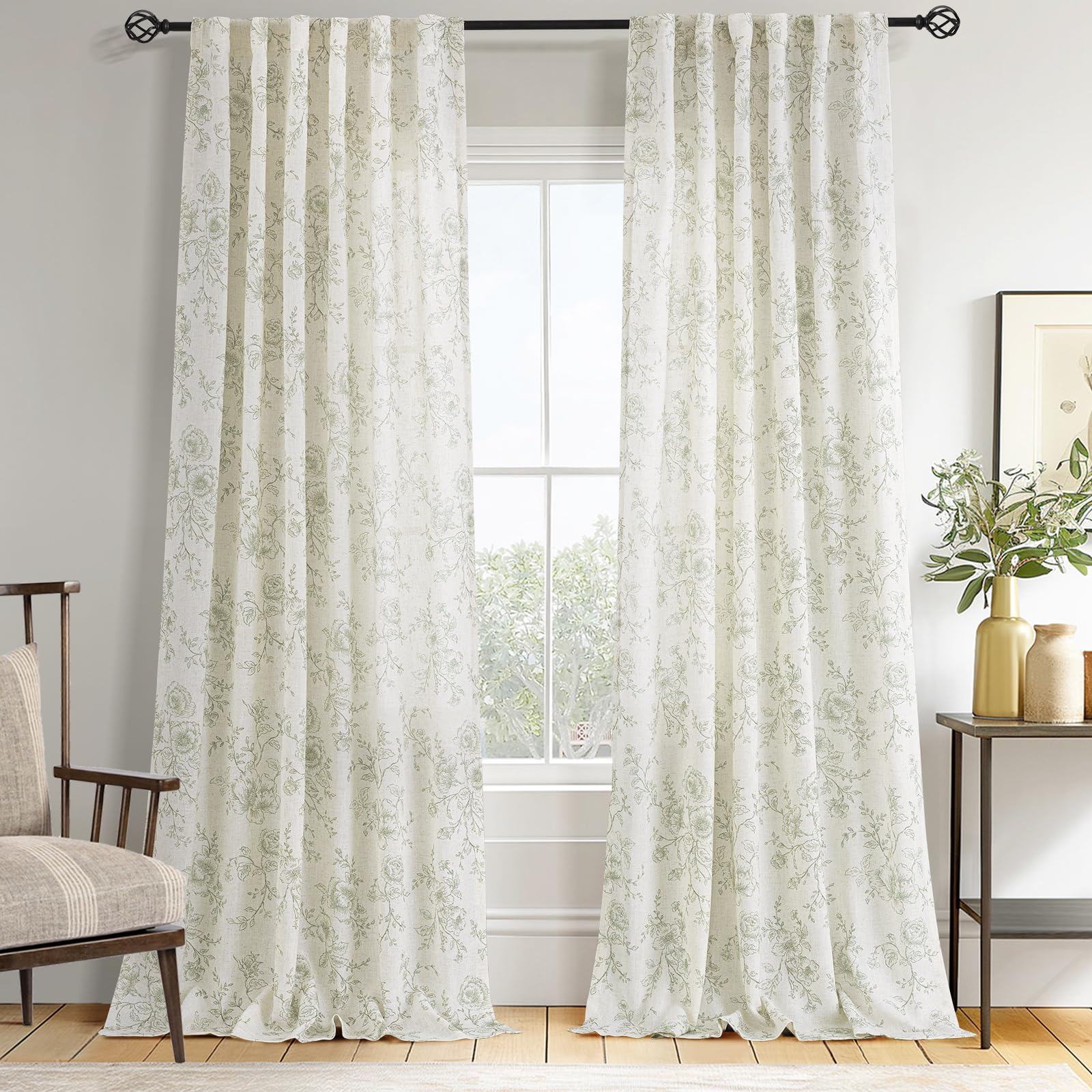 Green Floral Curtains 108 inch Length Back Tab Farmhouser Living Room ...