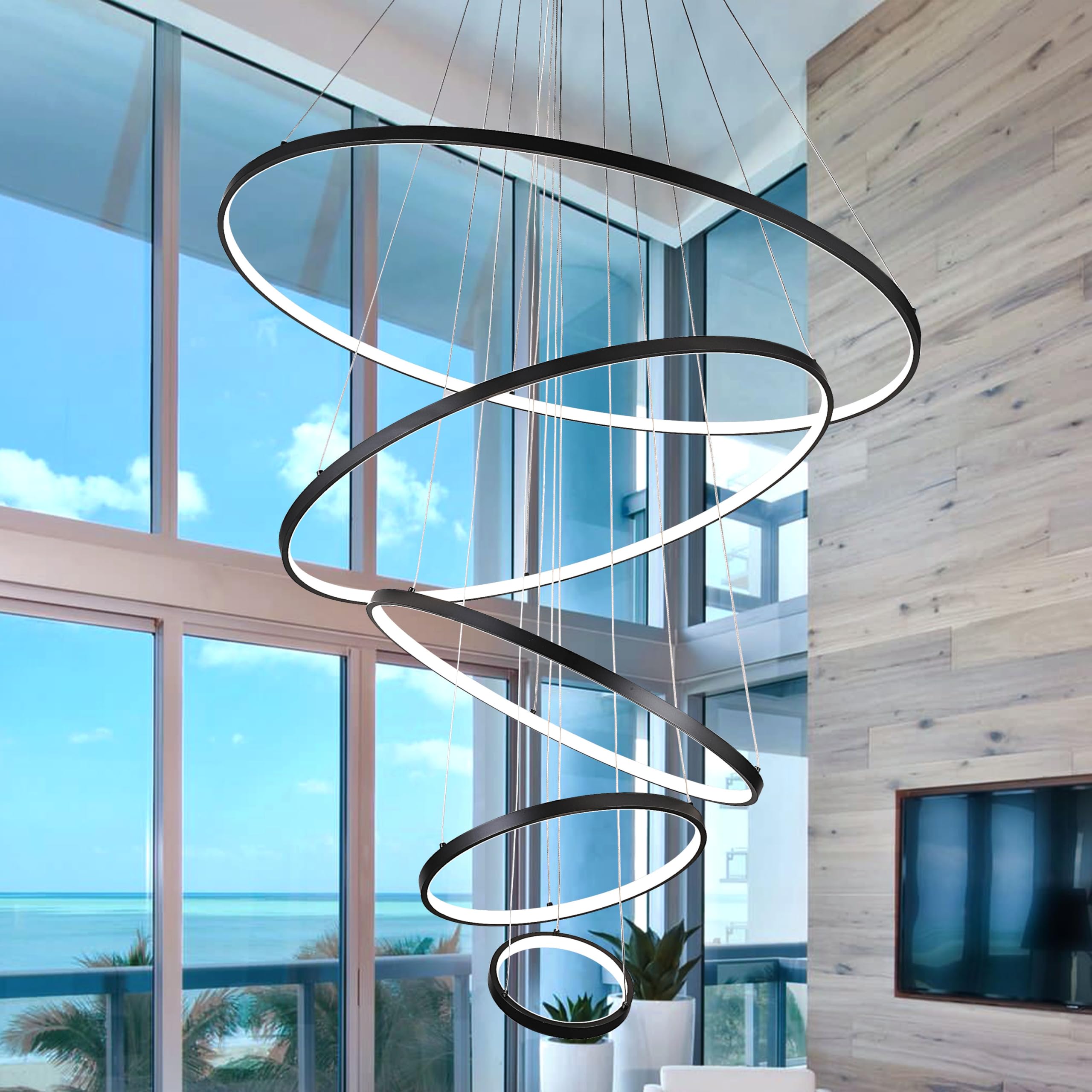 Mccokaige 39.4" Black Led Ring Chandelier Modern Led Pendant Light 5 ...