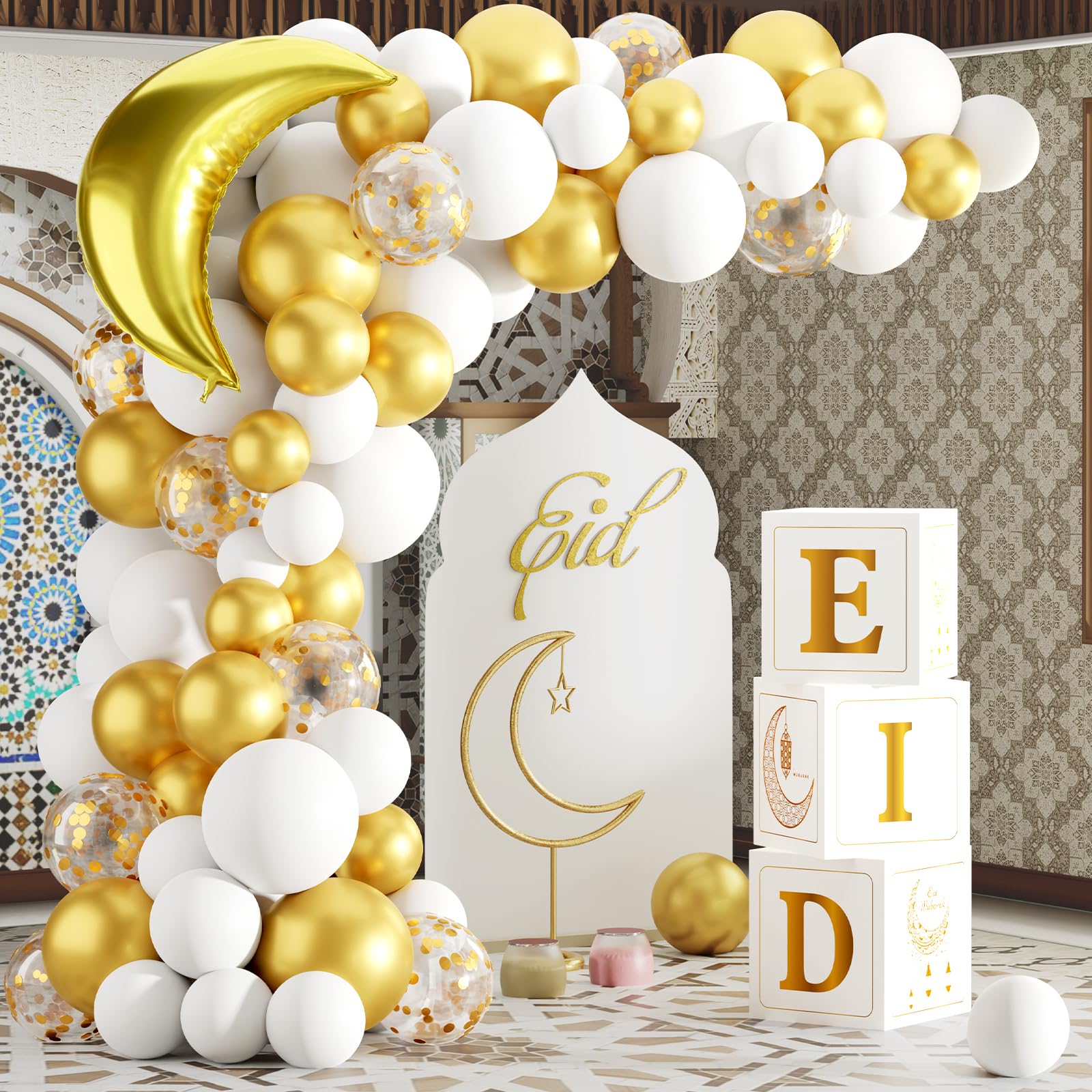 Eid Mubarak Decoration for Home 2025 - 89 White Gold Balloon Arch with ...