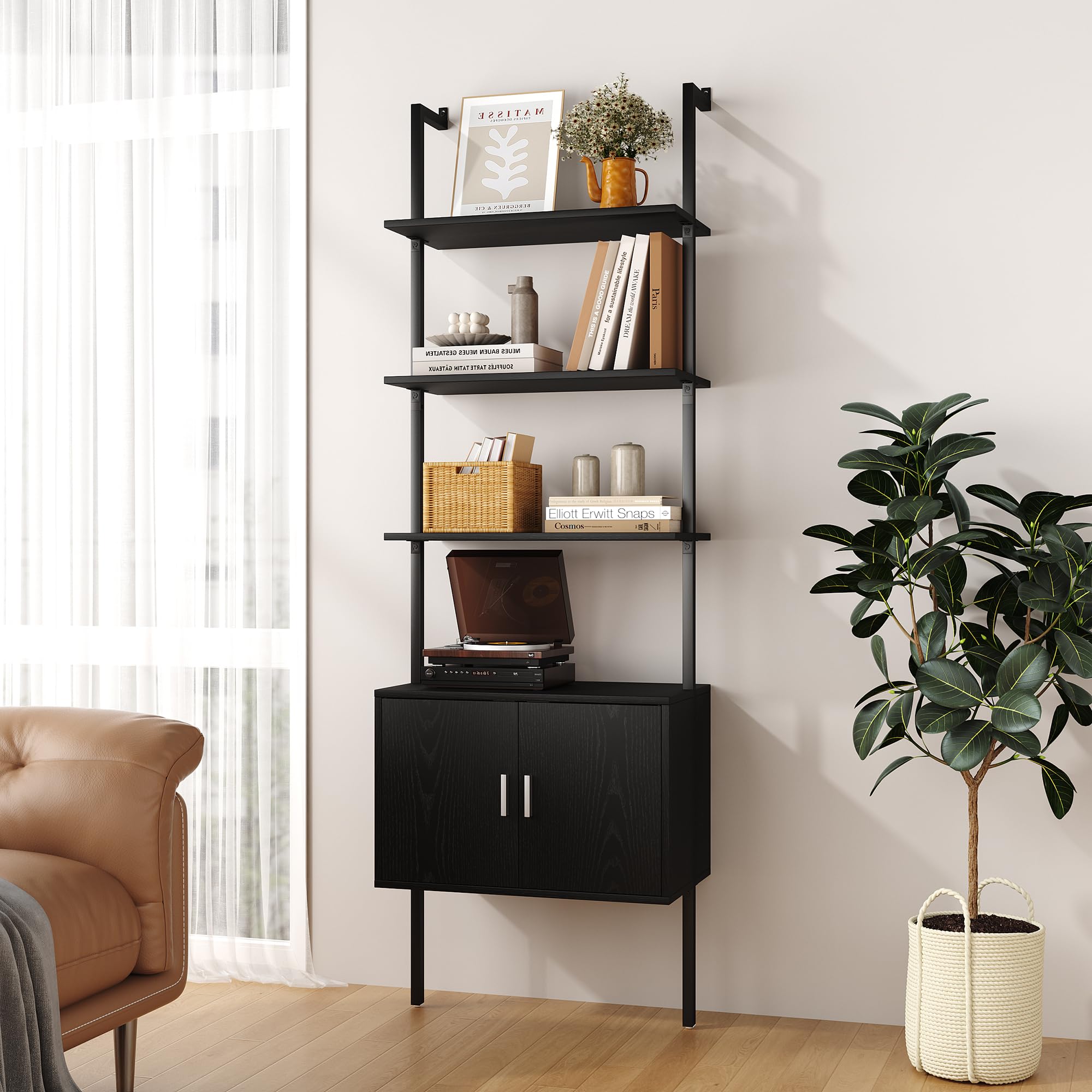 Gadroad 5 Tier Tall Bookshelf with Cabinet, 73" Modern Bookcase, Wall ...