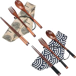Amazon.com: 2 Sets Wooden Flatware Wooden Fork and Spoon Chopsticks ...