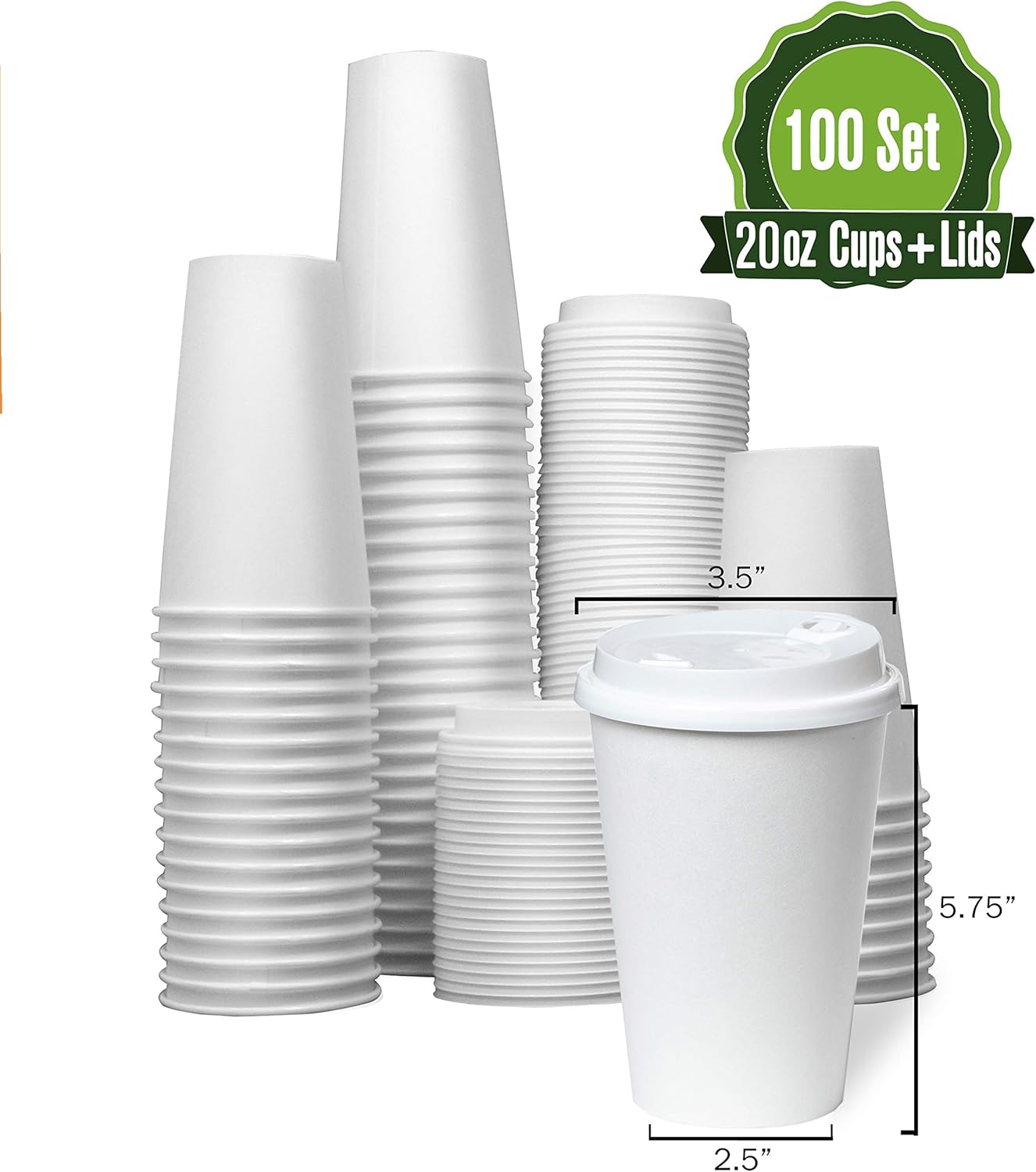 Amazon.com: 20oz- 100 Sets Hot White Paper Coffee Cups with Lids ...