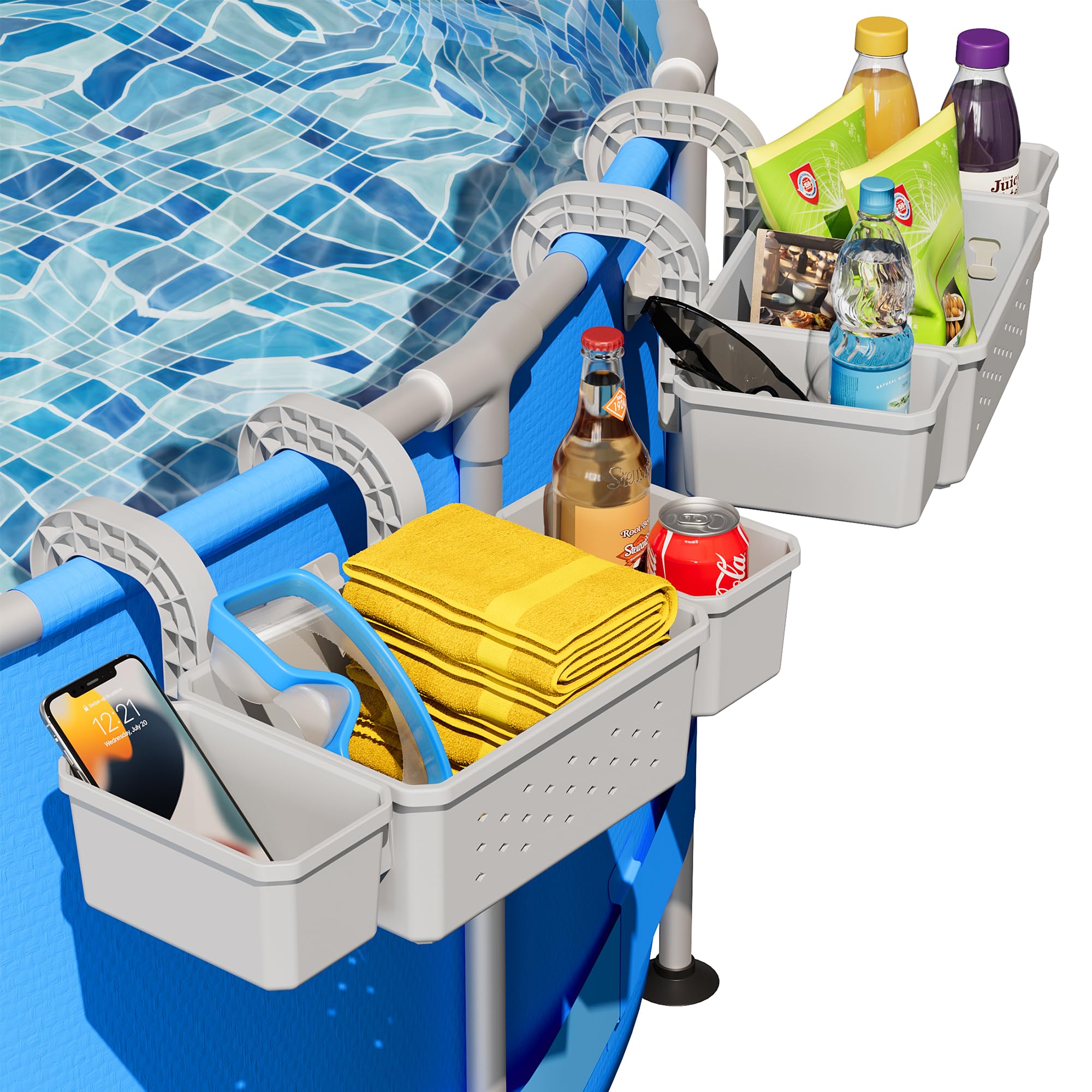 SHAPON Poolside Storage Basket with 2 Cup Holder, Stretchable Pool Toy Basket for Towels ...