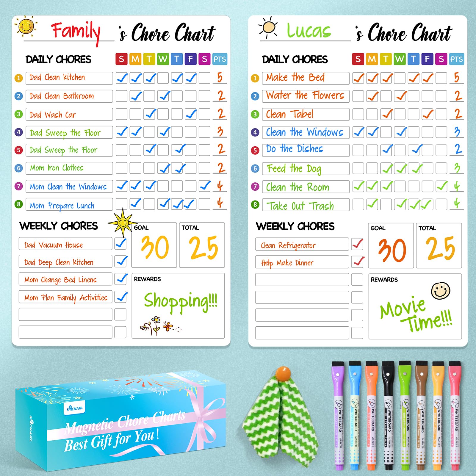 Chore Chart for Kids with 8 Markers, 2 Pack 8"x12" Chore Chart for Kids ...