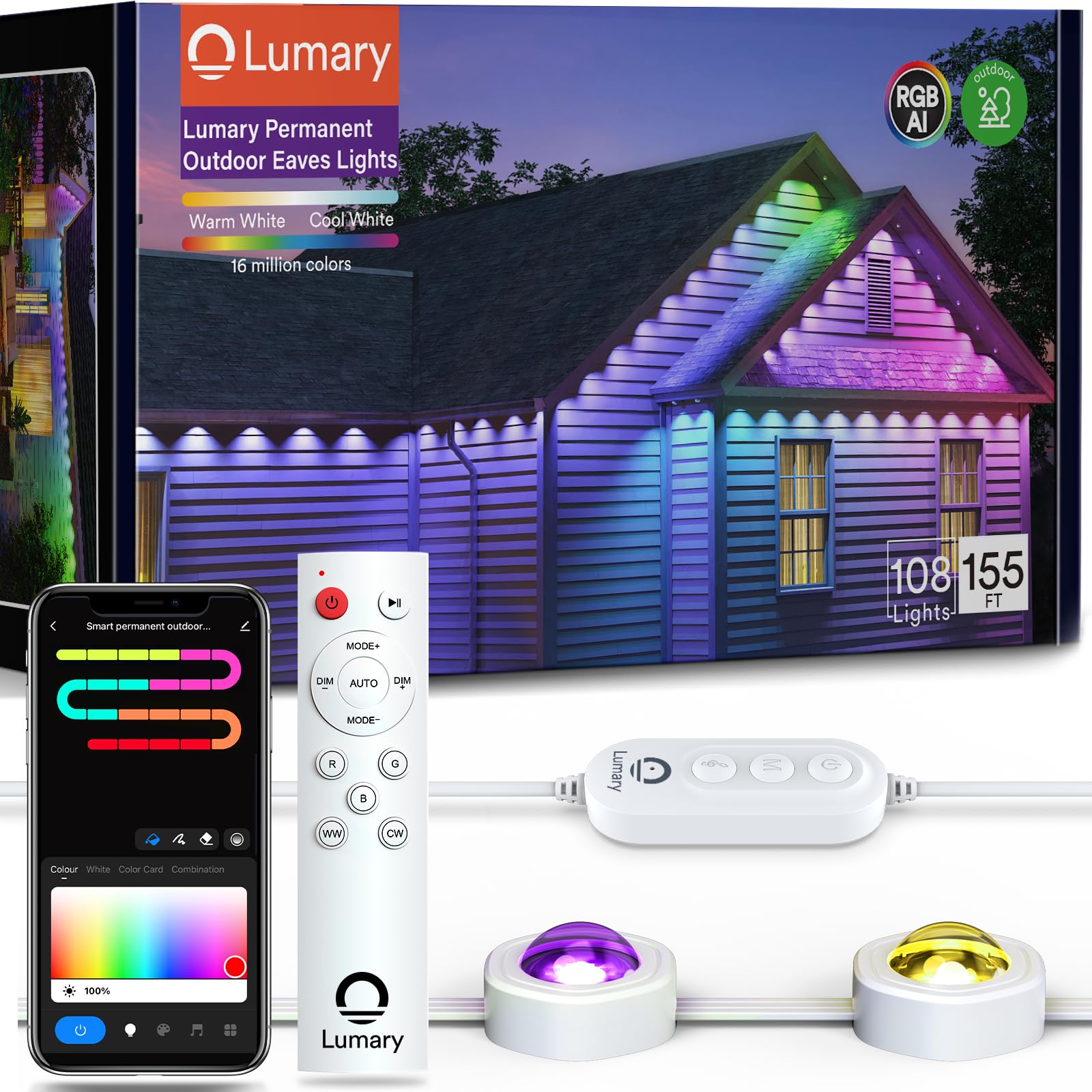 Lumary Permanent Outdoor Lights, 150ft with 108 LED Lights for Daily ...