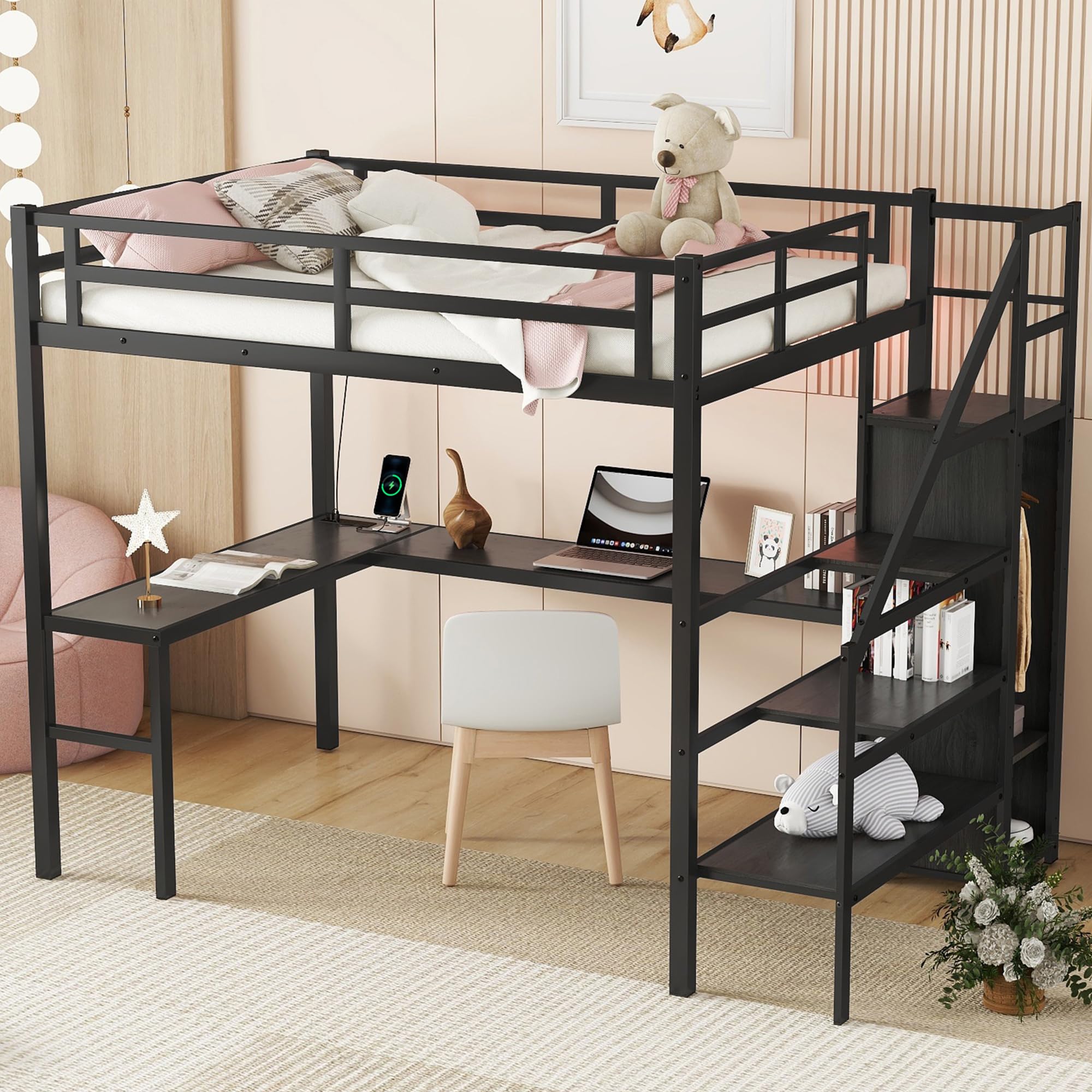 Full XL Loft Bed with Stairs and Wardrobe, Metal Loft Bed with Desk and ...
