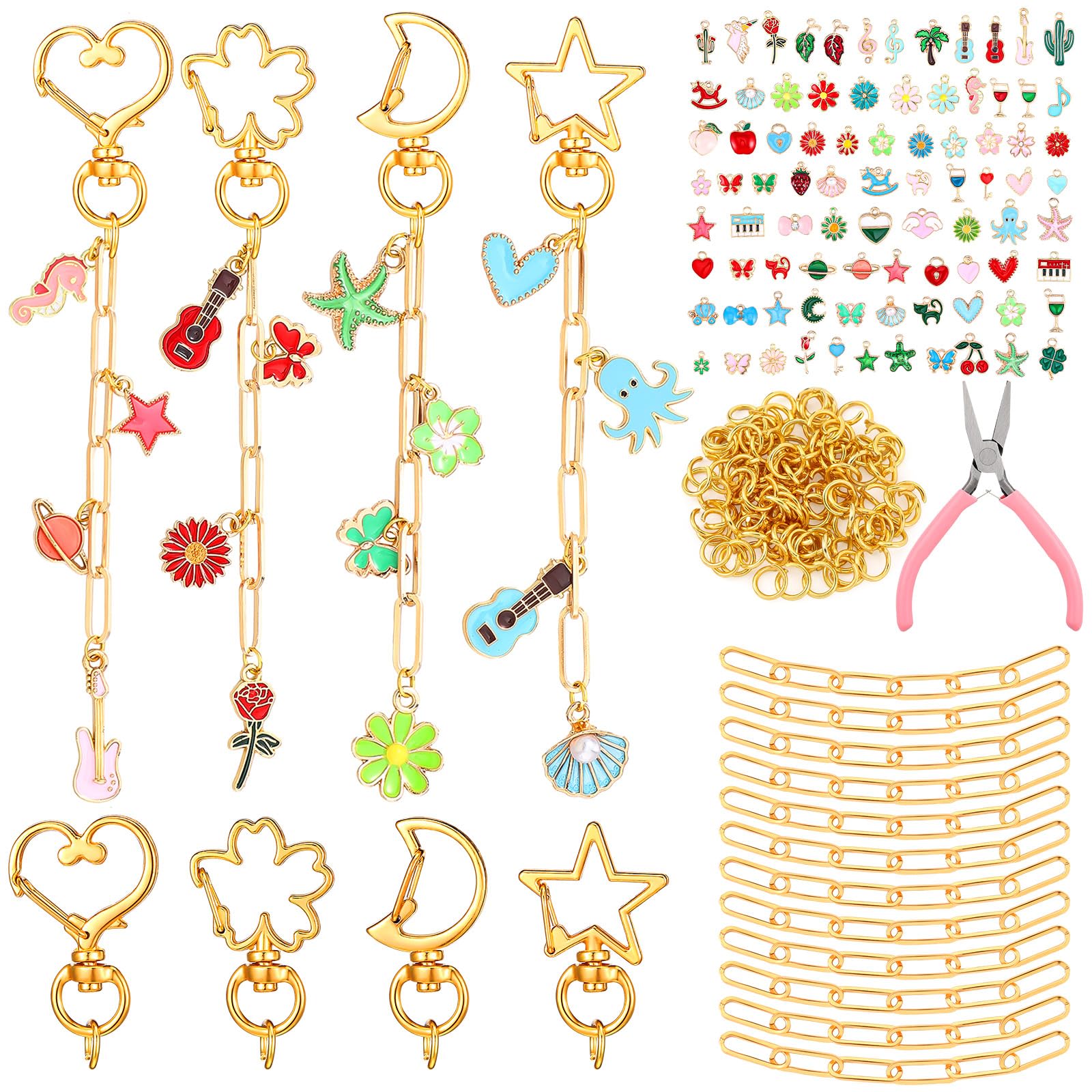 Tondiamo 241 Pcs Gold Keychain Making Kit Bulk Bag Charm Kit 100 Charms ...