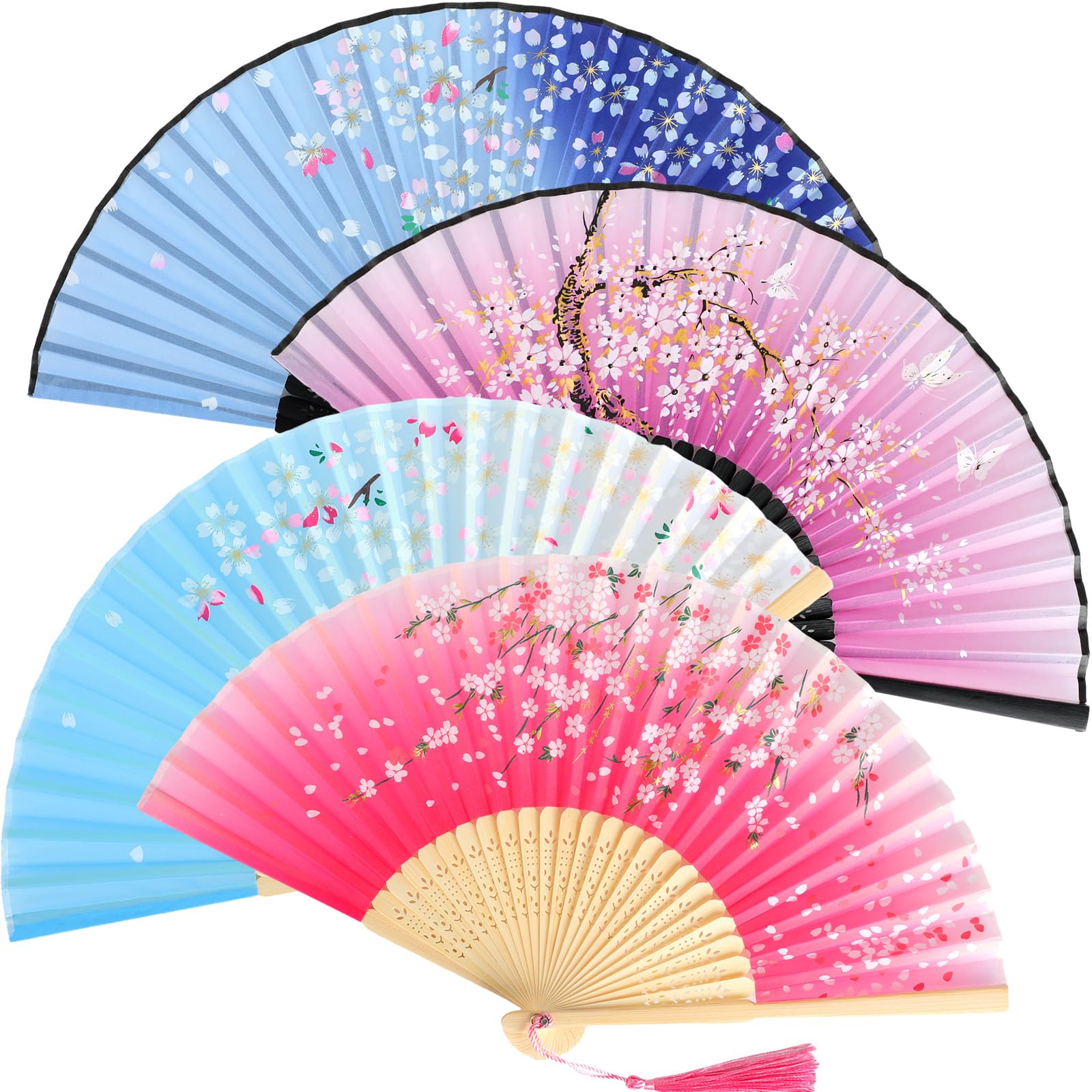 Zonon 4 Pack Handheld Floral Folding Fans Hand Held Silk Bamboo Fans ...