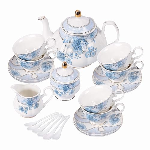 fanquare Blue Flowers Porcelain Tea Set,Tea Cup and Saucer Set,Service ...