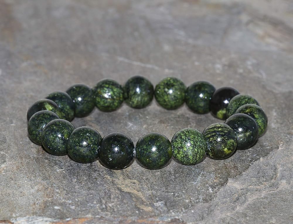 Dainty Serpentine Bracelet Handmade 10mm Green Snake Skin Russian Serpentine Beaded Gemstone ...