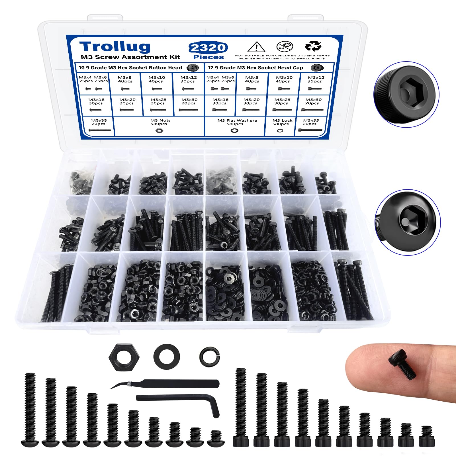 2320PCS M3 Screw Kit, Hex Socket Button & Cap Head Metric Screw ...