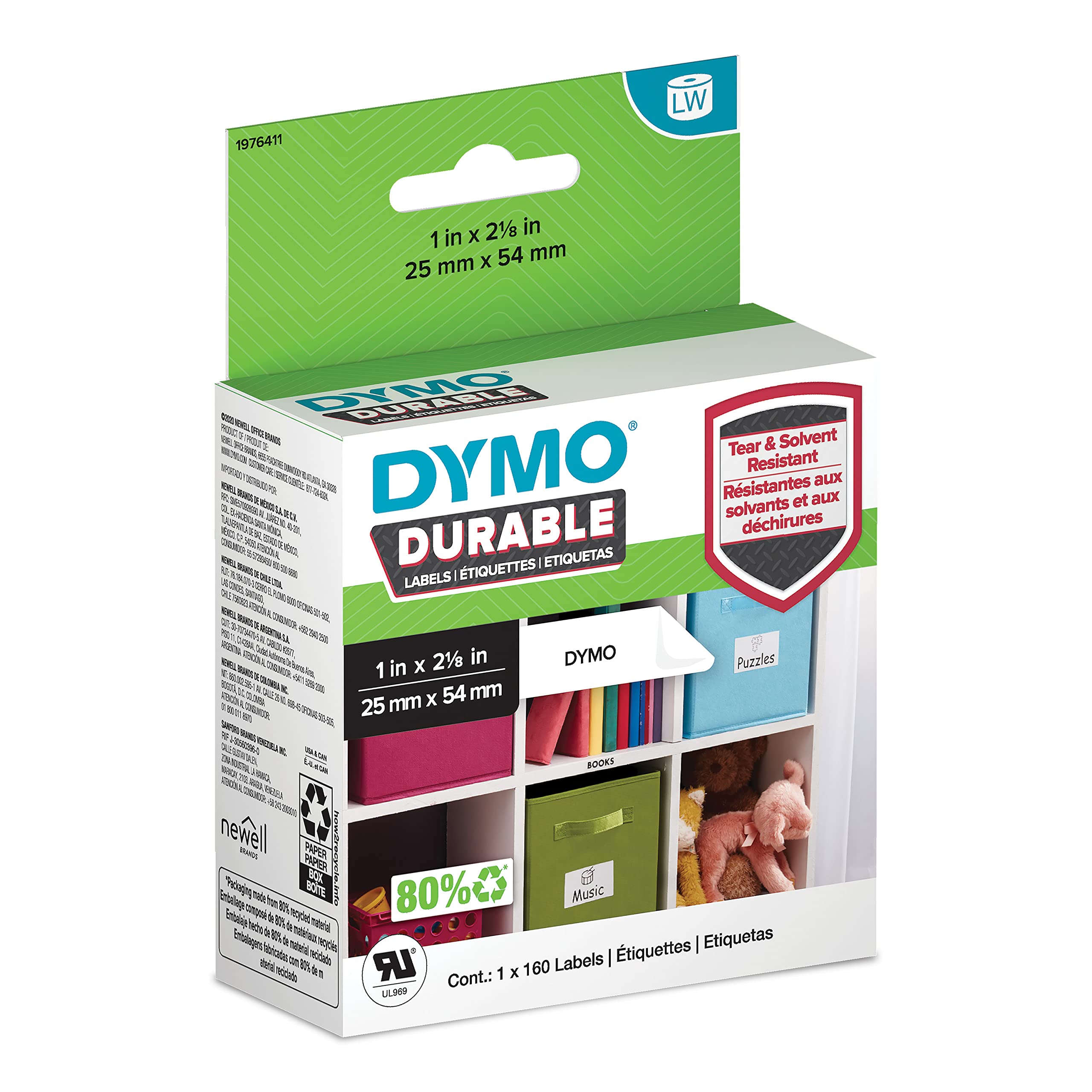 DYMO LW Durable Labels for LabelWriter Label Printers, White Poly, 1” x ...