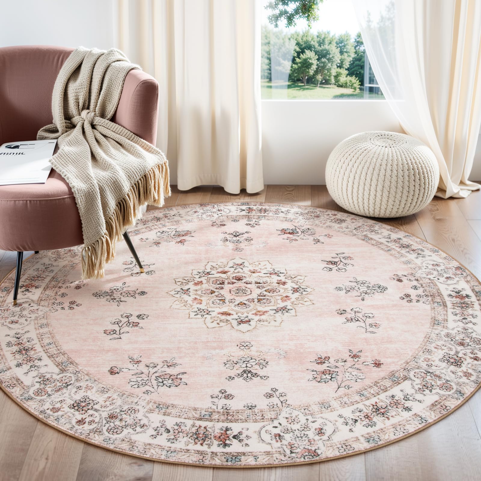 Lahome Washable Pink Round Rug 8ft, Soft 8x8 Circle Rugs for Bedroom ...