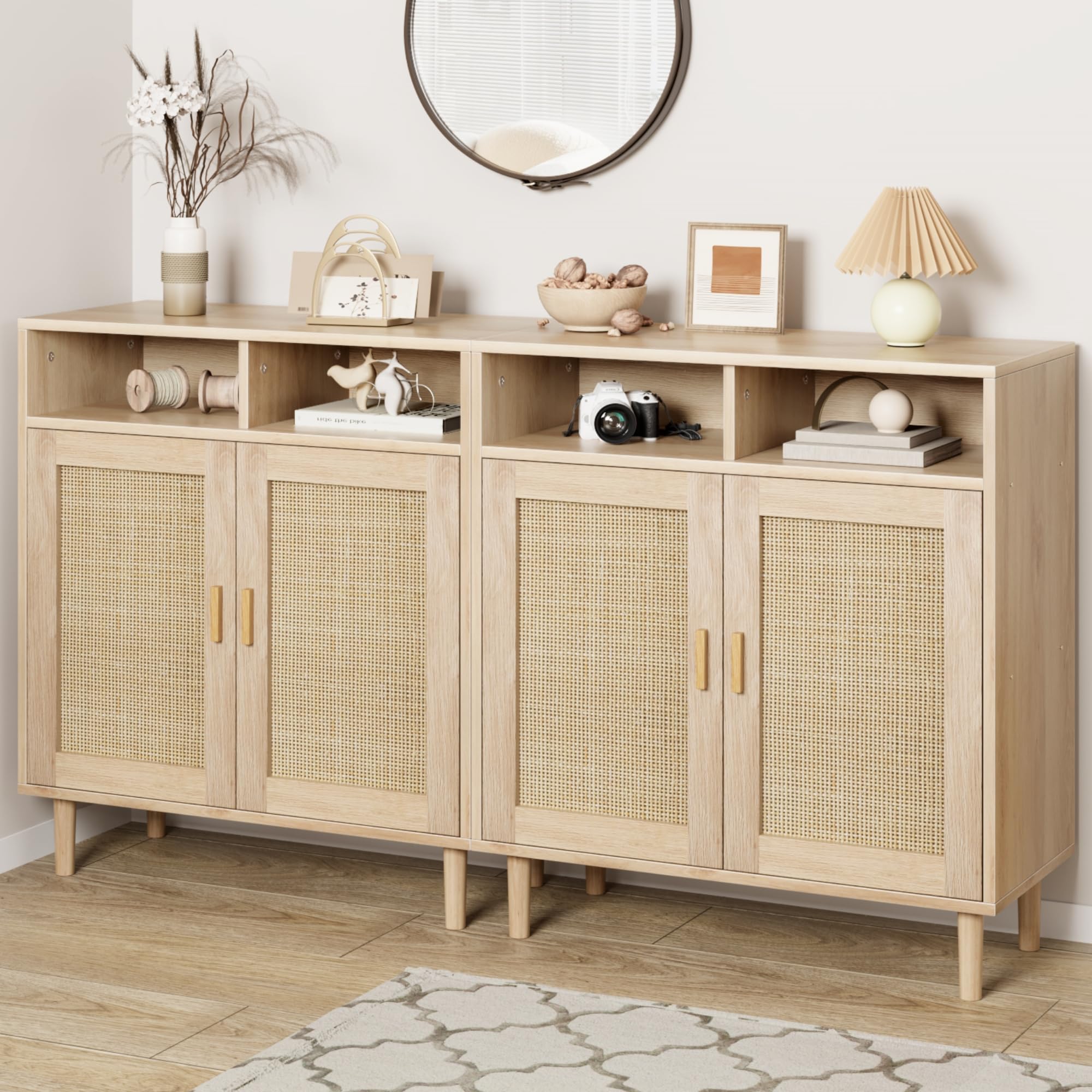 Set of 2 Sideboard Buffet Cabinet, Rattan Cabinet with 2 Doors, Accent ...