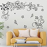 Amazon.com: PLIGREAT Black Flowers Vines Wall Stickers, Butterfly Wall ...
