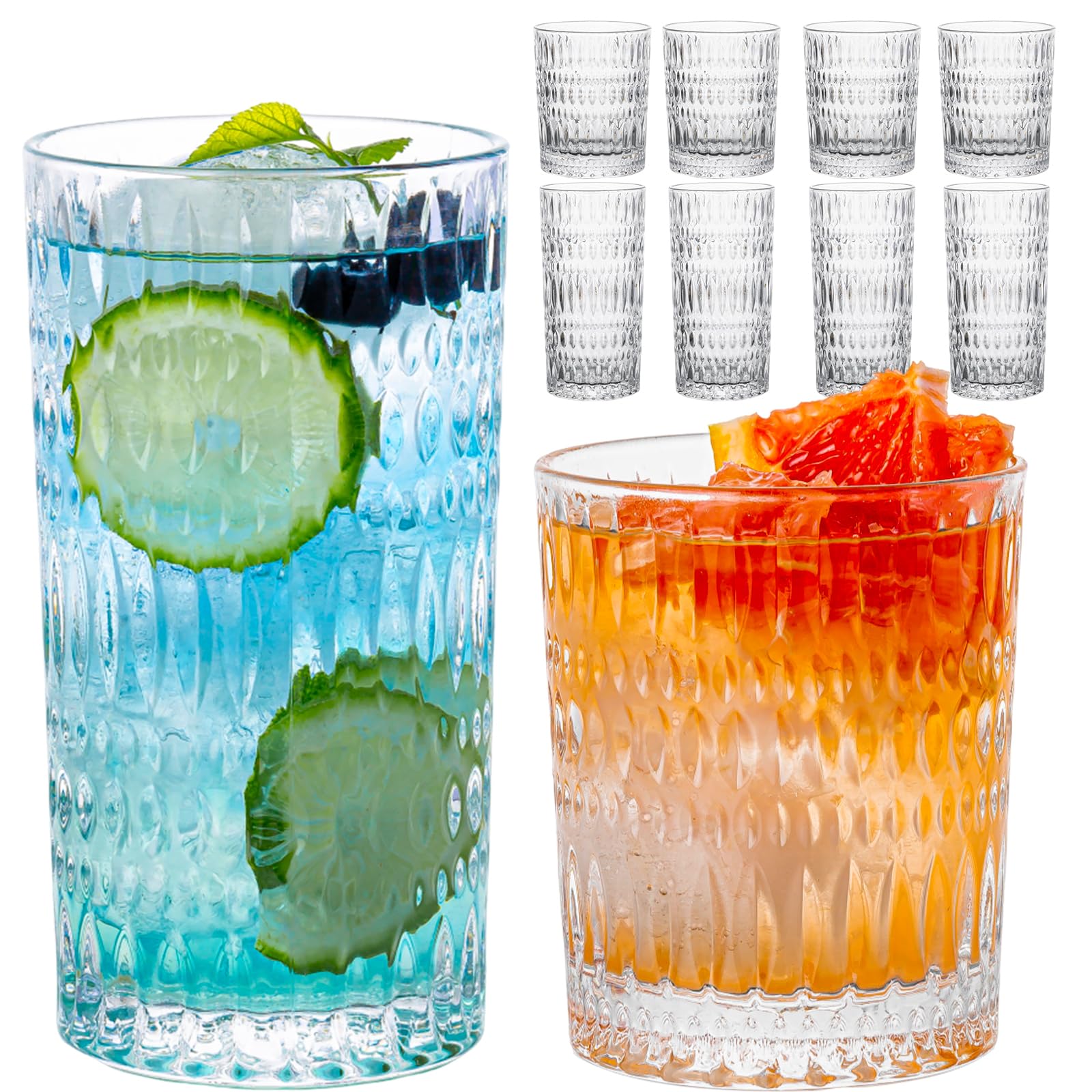 wookgreat Drinking Glasses, 8 Piece Crystal Glass Cups, Mixed Glassware ...