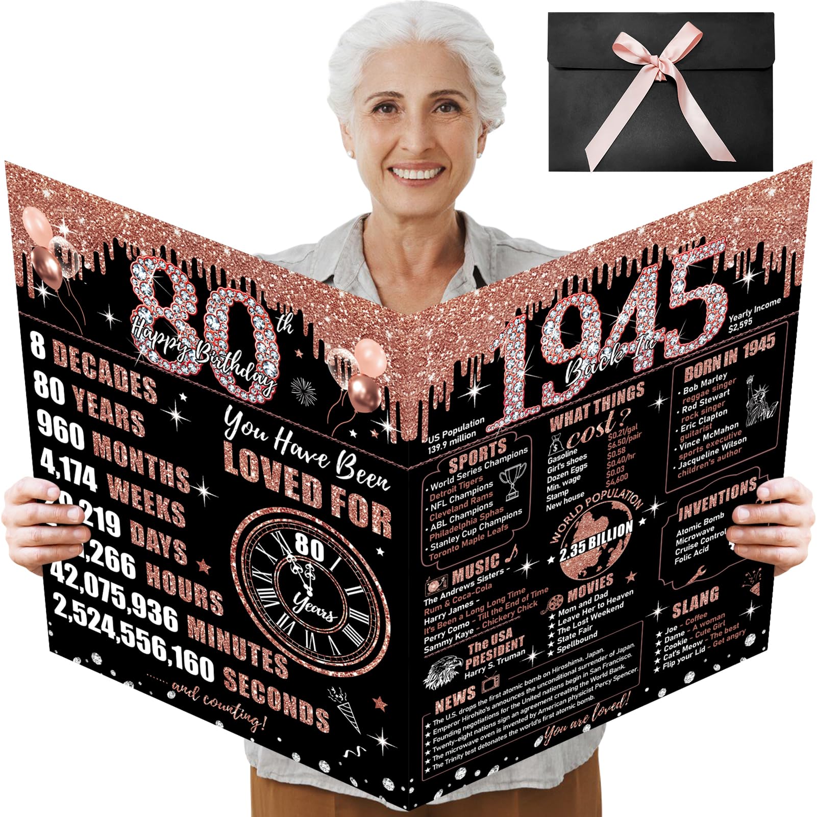 Uiorgui Large 80th Birthday Card for Women with Envelope, Black Rose Gold Happy 80th Birthday ...